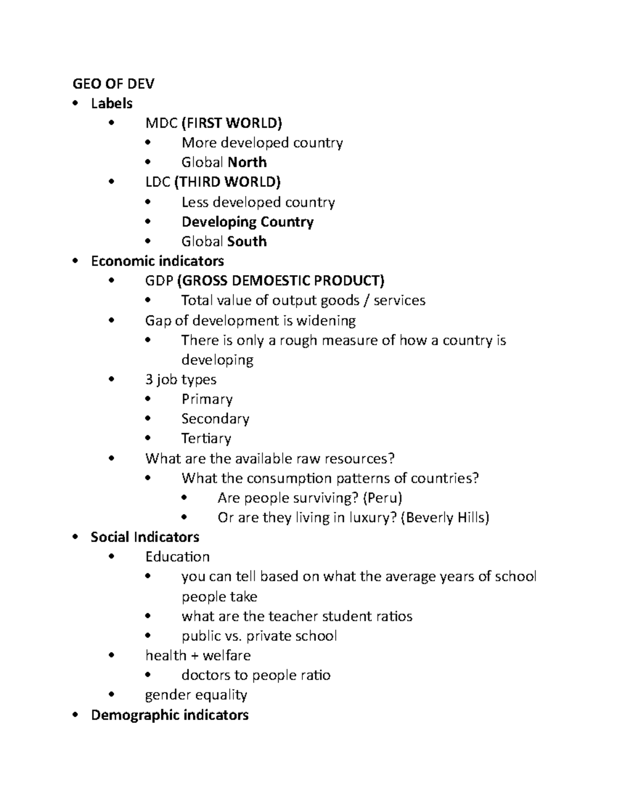 GEO OF DEV - notes on labels, economic indicators, social indicators ...