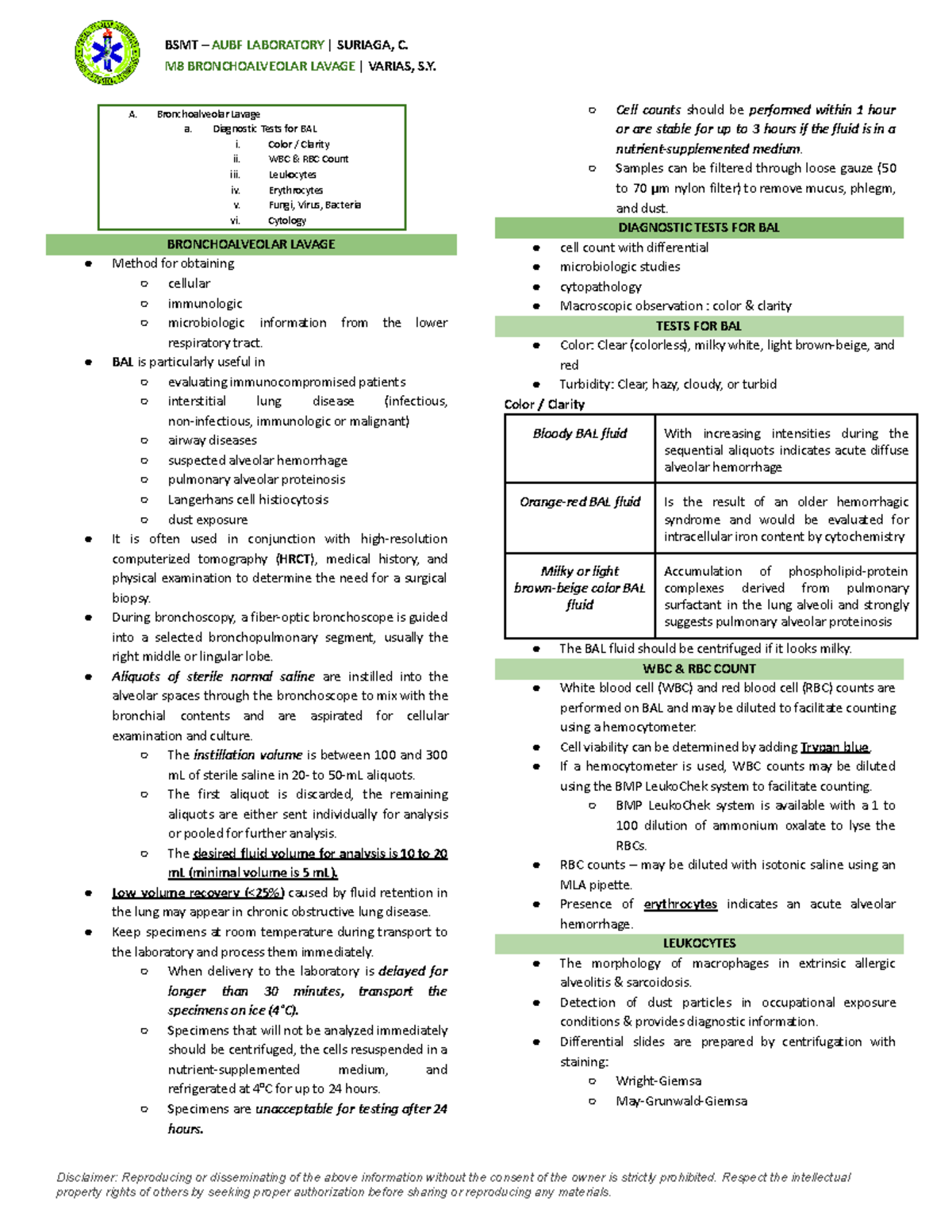 [AUBF LAB] M8 BAL - Bronchoalveolar Lavage - BSMT – AUBF LABORATORY ...