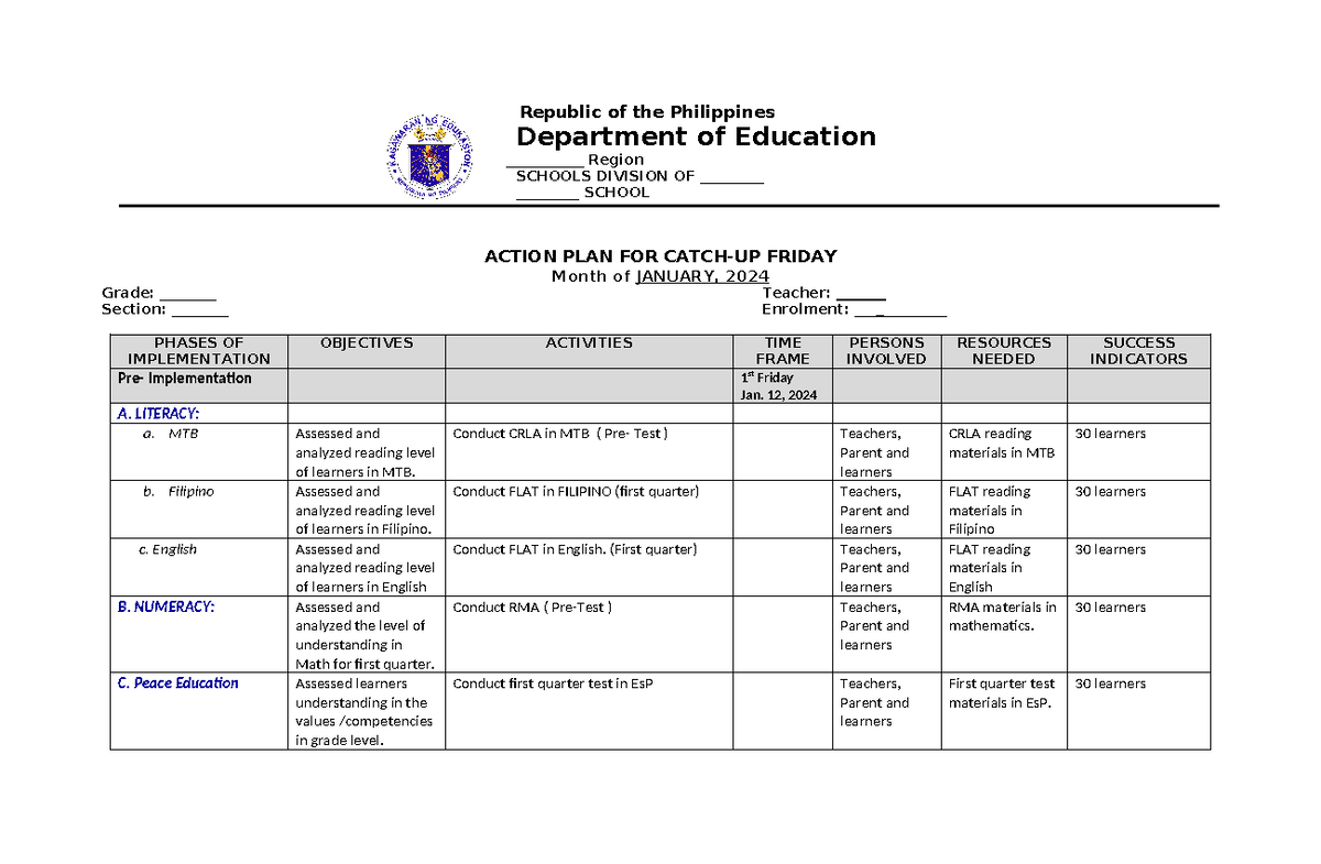 Action PLAN FOR Catch-UP Friday - Republic of the Philippines ...