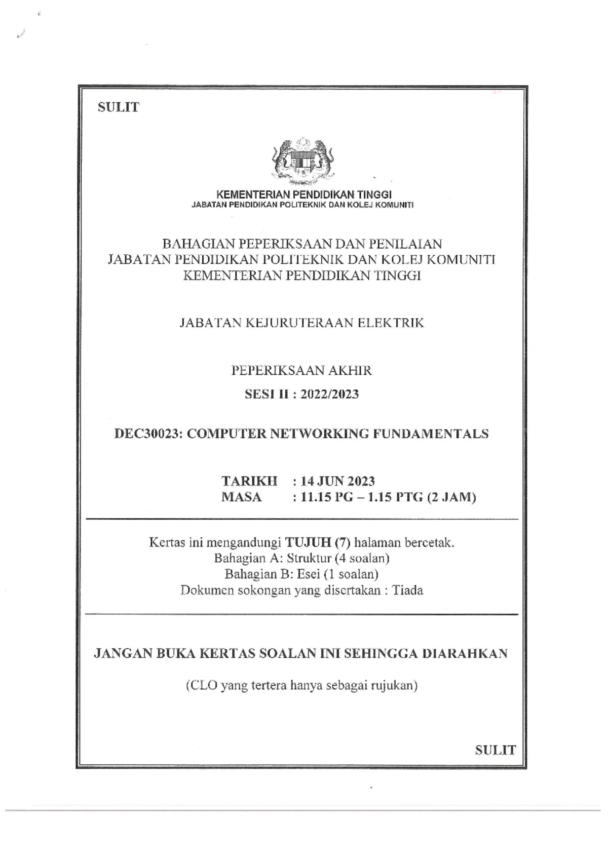 DEC30023 SESI 2 2022 2023 - Enggering Elektric and Electronic - Studocu