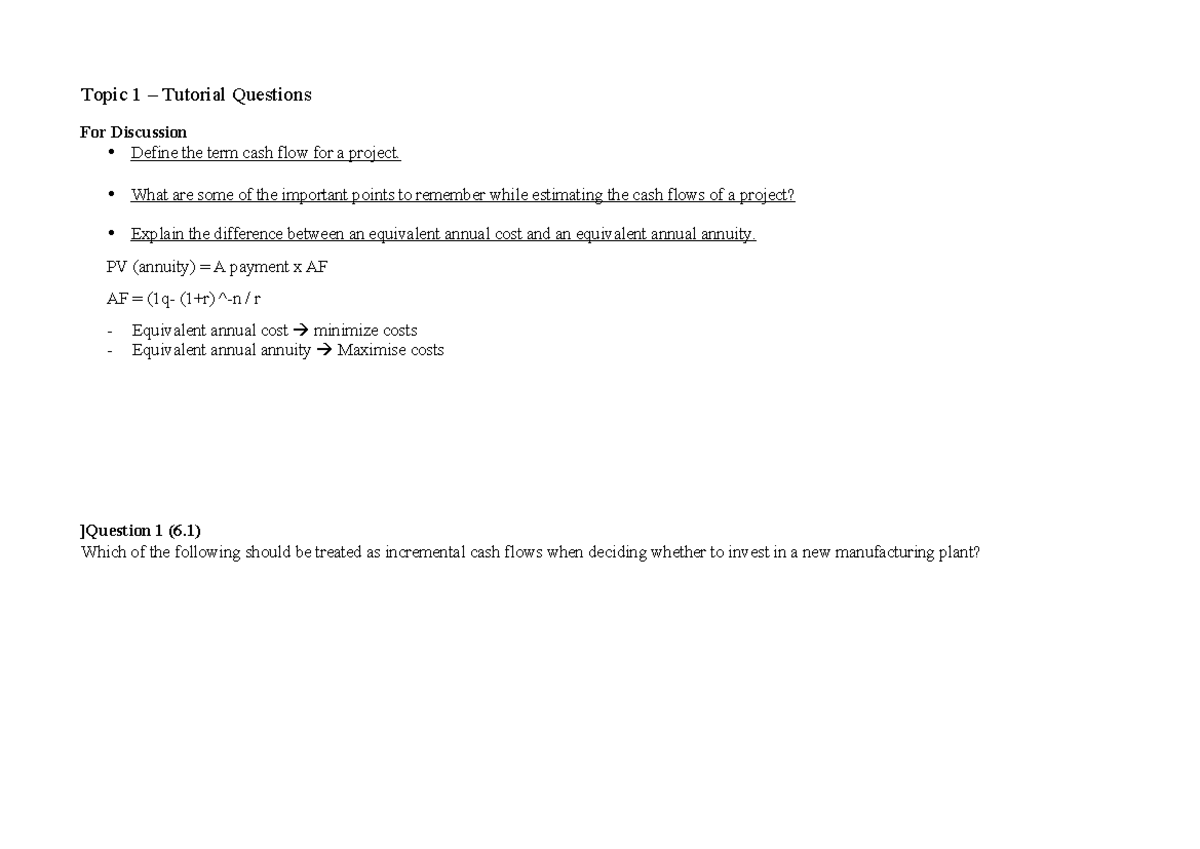 Topic 1 Tutorial Questions - Topic 1 – Tutorial Questions For Discussion - Define the term cash ...