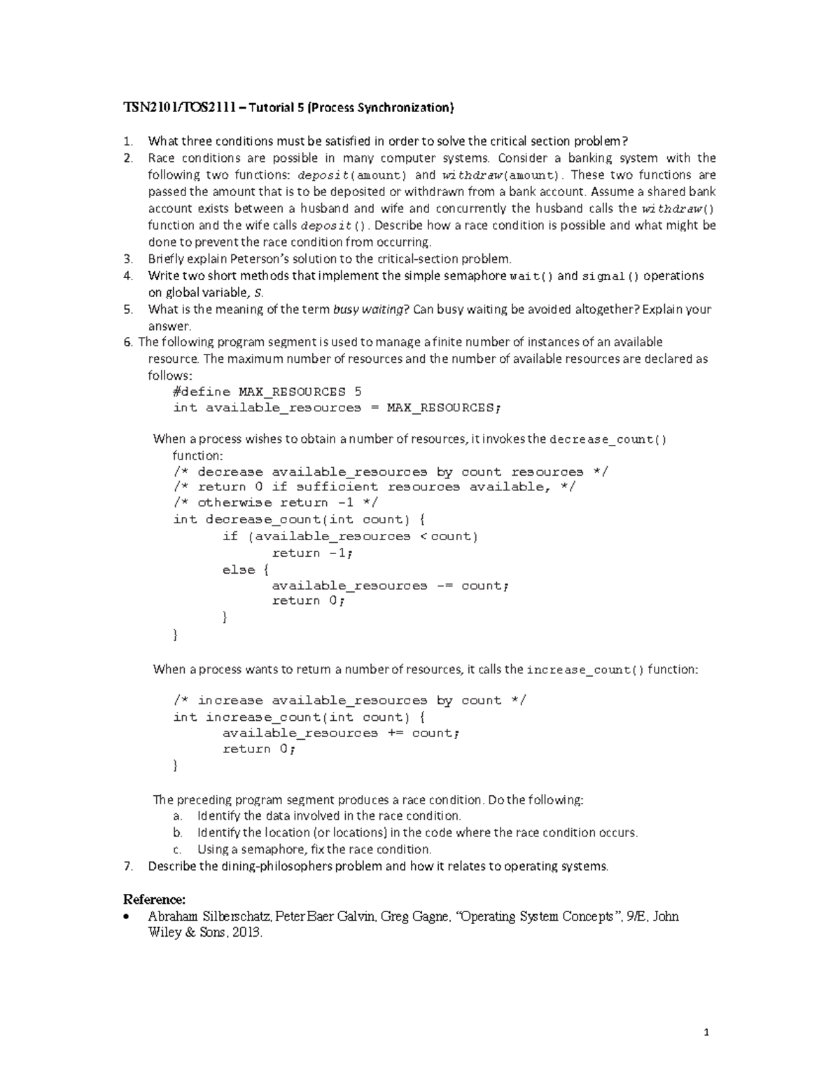 tutorial 05 questions - 1 TSN210 1 /TOS2111 – Tutorial 5 (Process ...