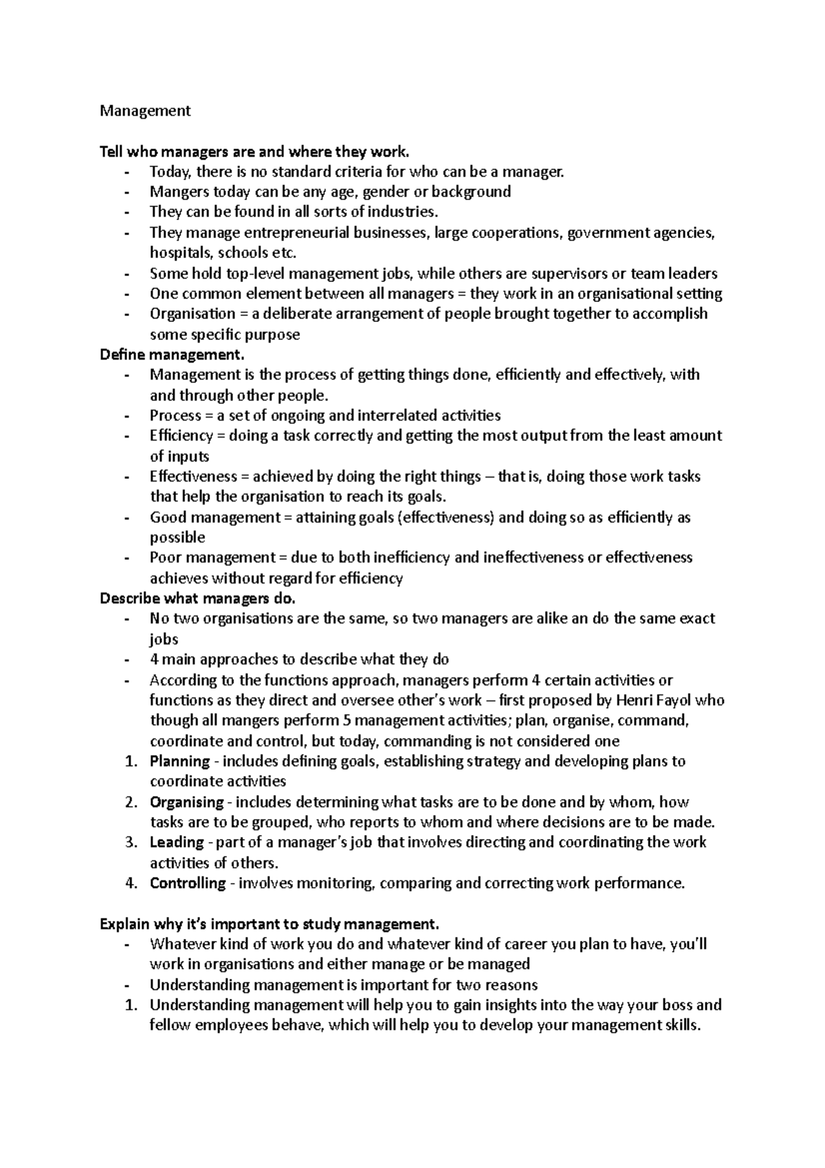 Management - Lecture notes - Management Tell who managers are and where ...