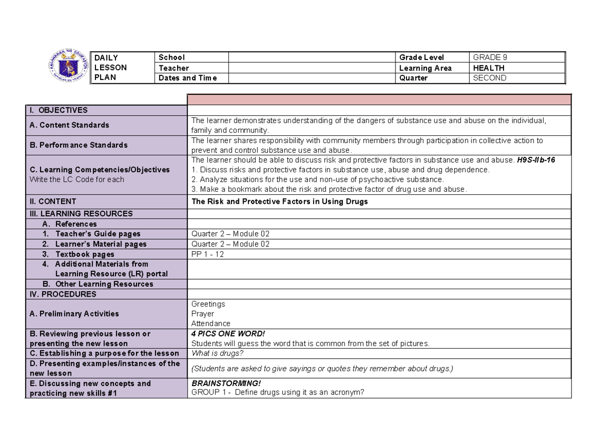 DLP Health 9 - DAILY LESSON PLAN School Grade Level GRADE 9 Teacher ...