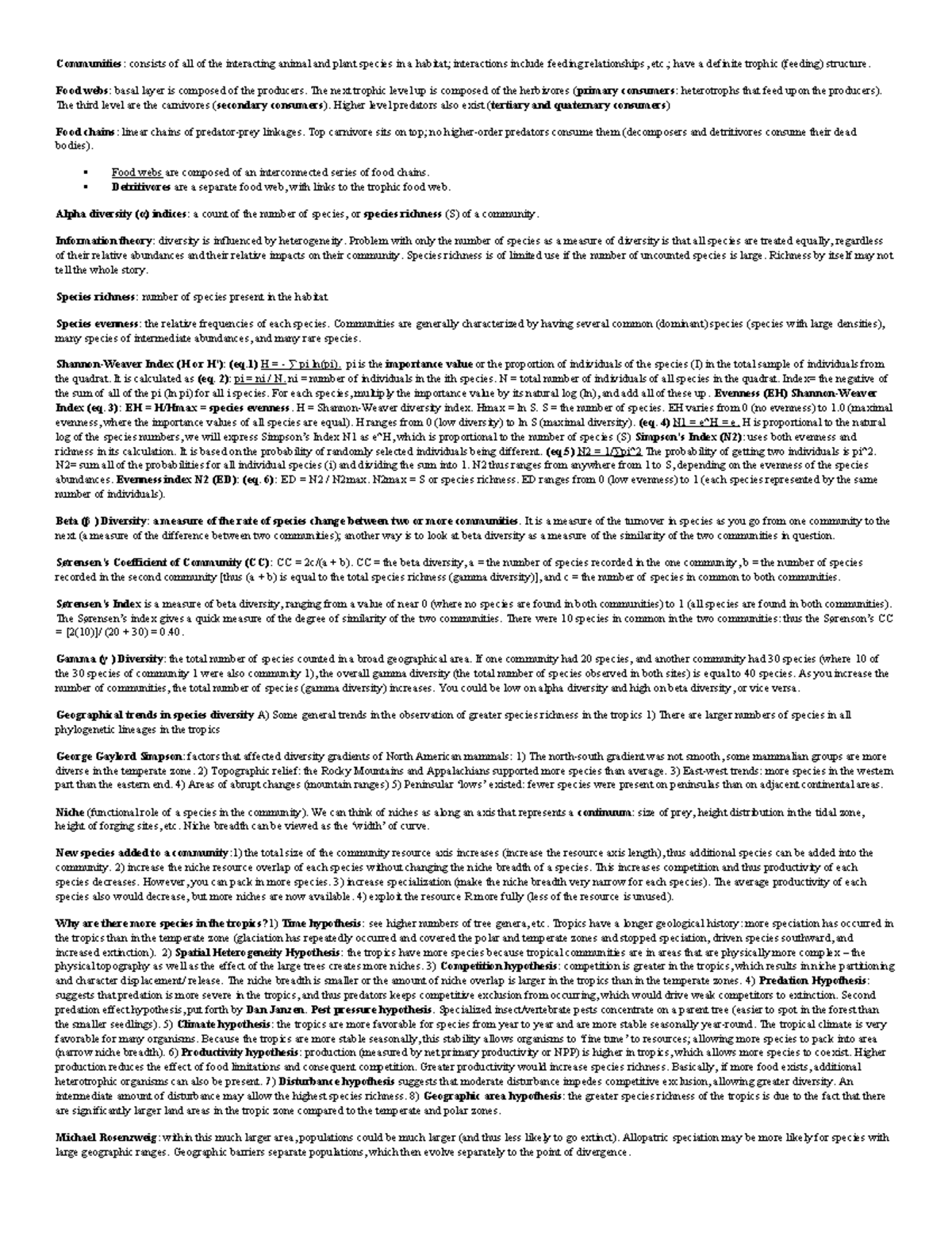 BIOL 363 Final - Communities: consists of all of the interacting animal ...