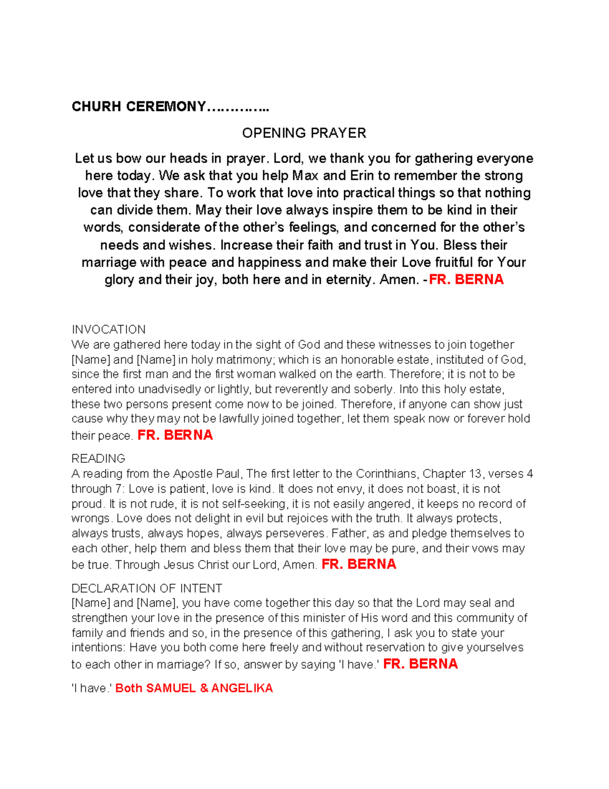 The Wedding (Script) for Events and Parties - CHURH CEREMONY ...