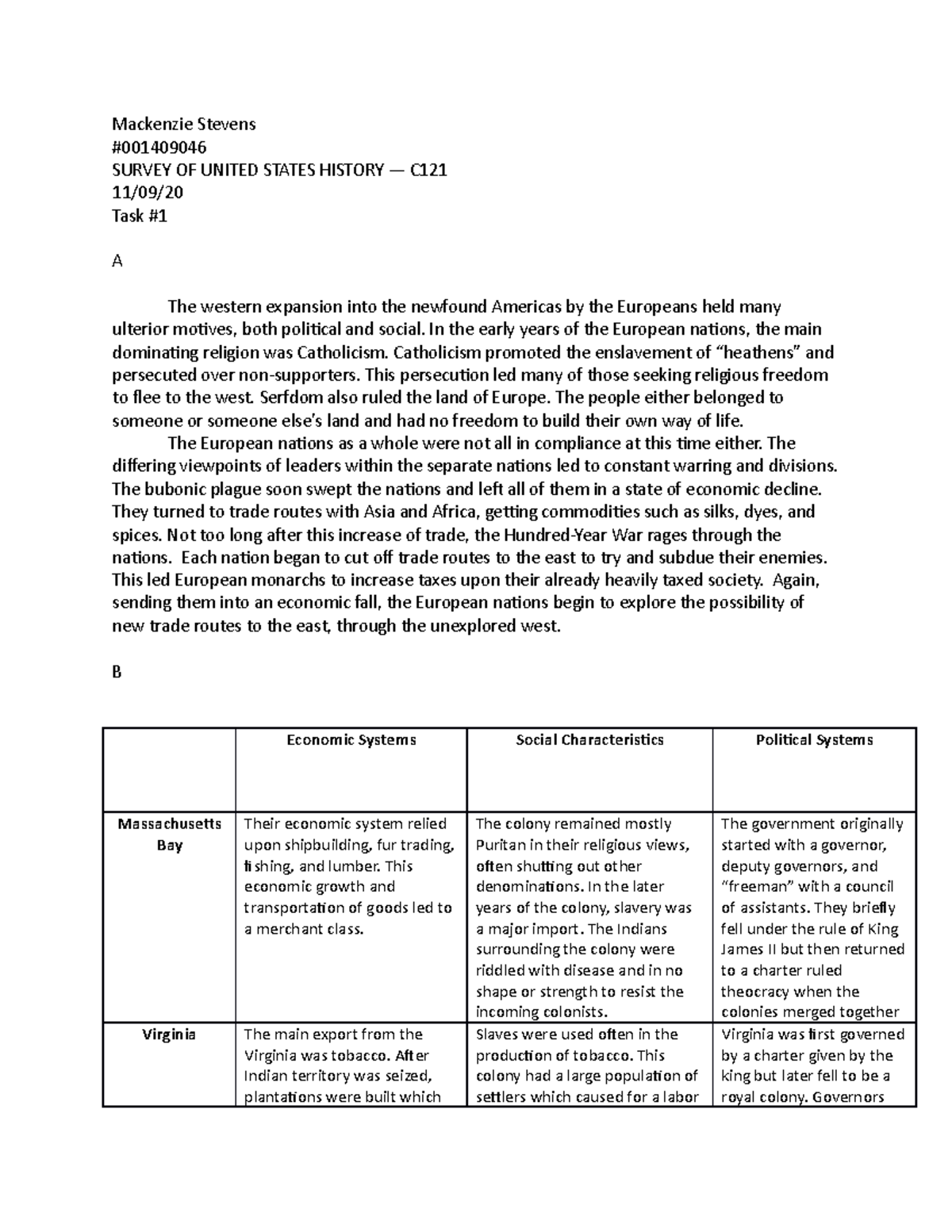 Survey of United States History Task 1 - Mackenzie Stevens SURVEY OF ...