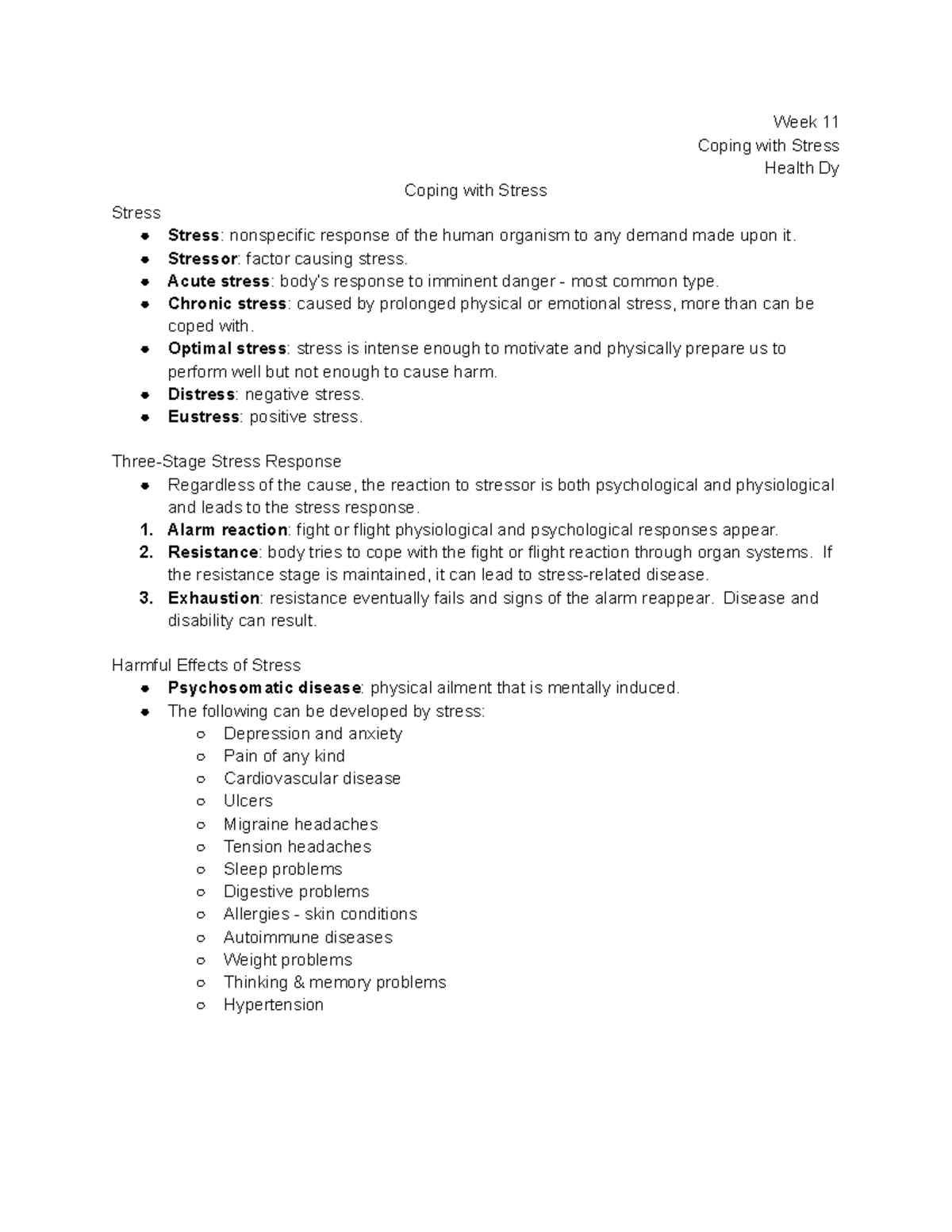 Coping With Stress - Week 11 Coping with Stress Health Dy Coping with ...