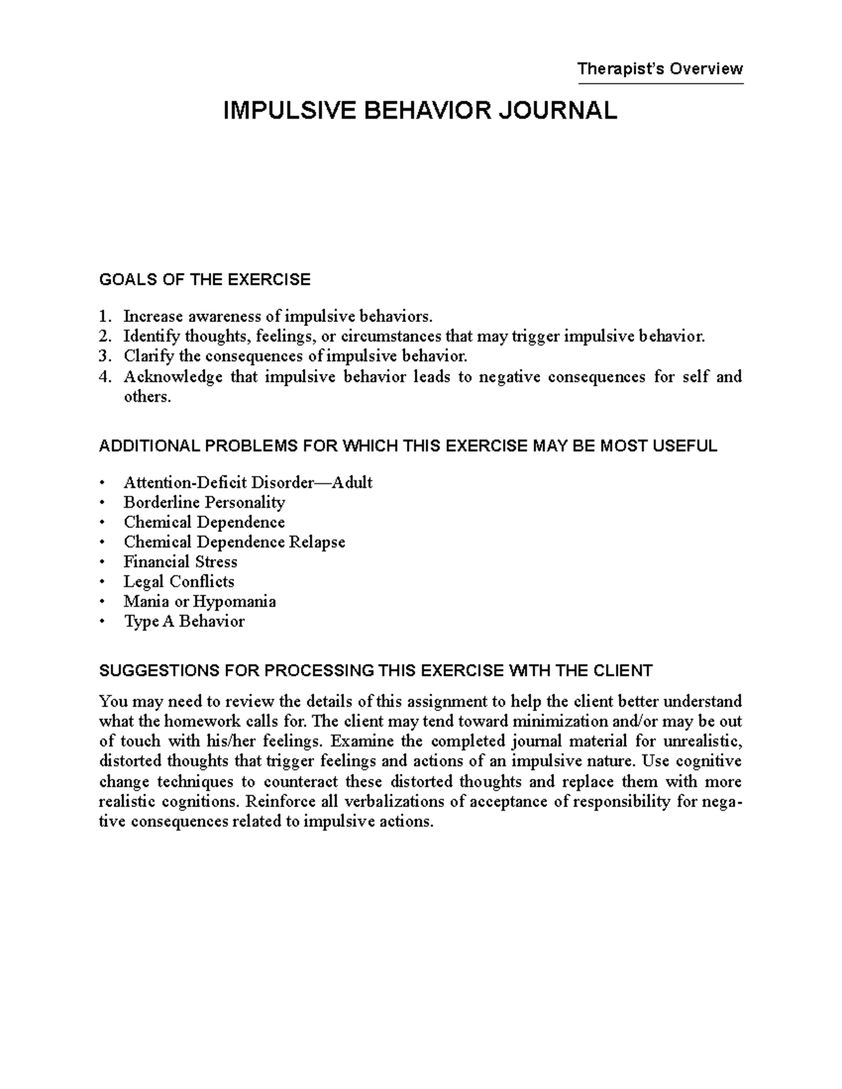 Impulse Control Journal Homework - Therapist’s Overview IMPULSIVE ...