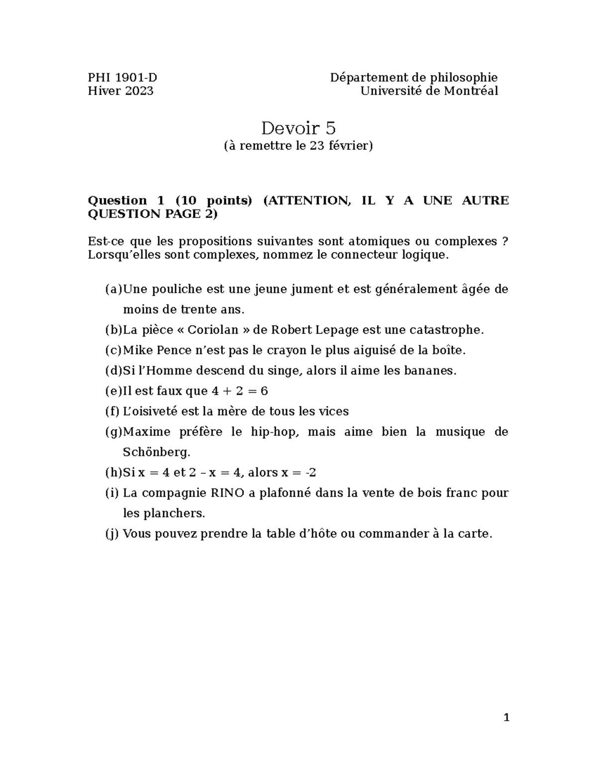Devoir 5 - PHI 1901-D Département de philosophie Hiver 2023 Université de Montréal Devoir 5 (à ...