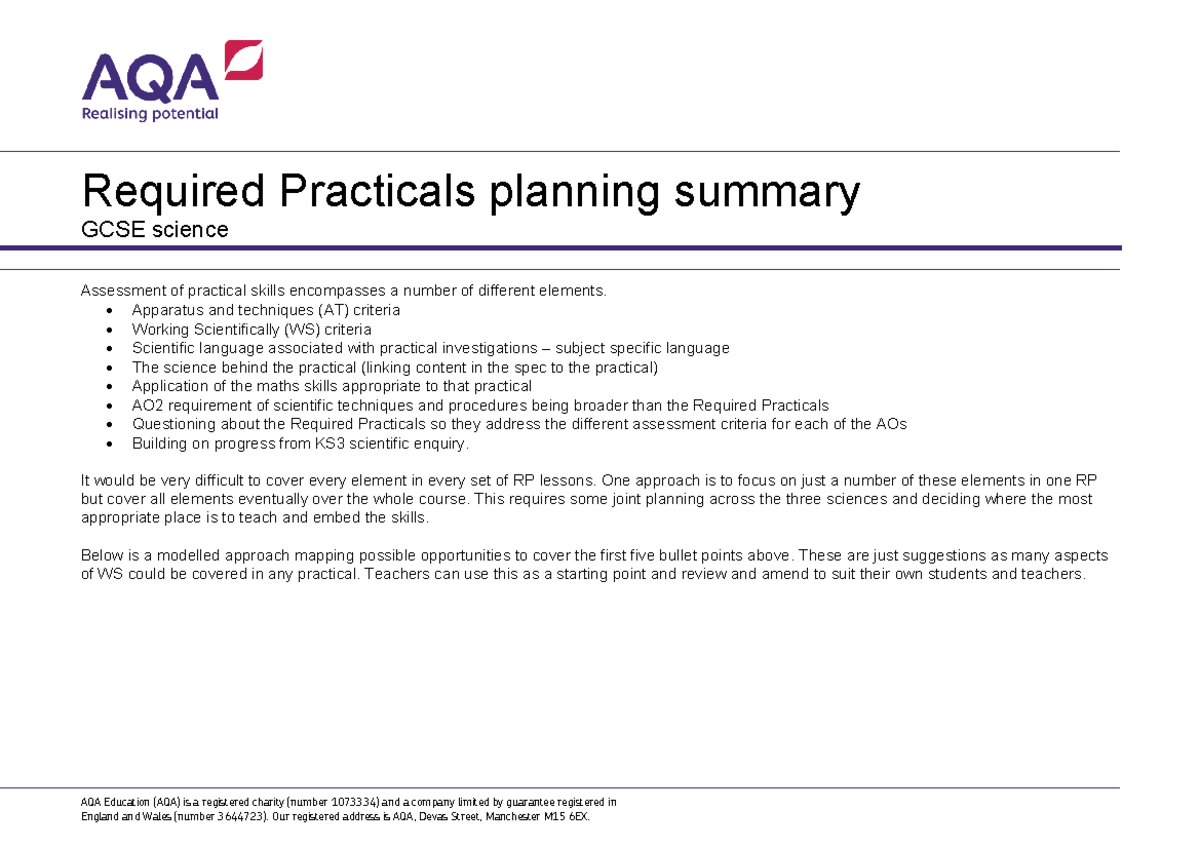 Required Practicals planning summary v1 - AQA Education (AQA) is a ...