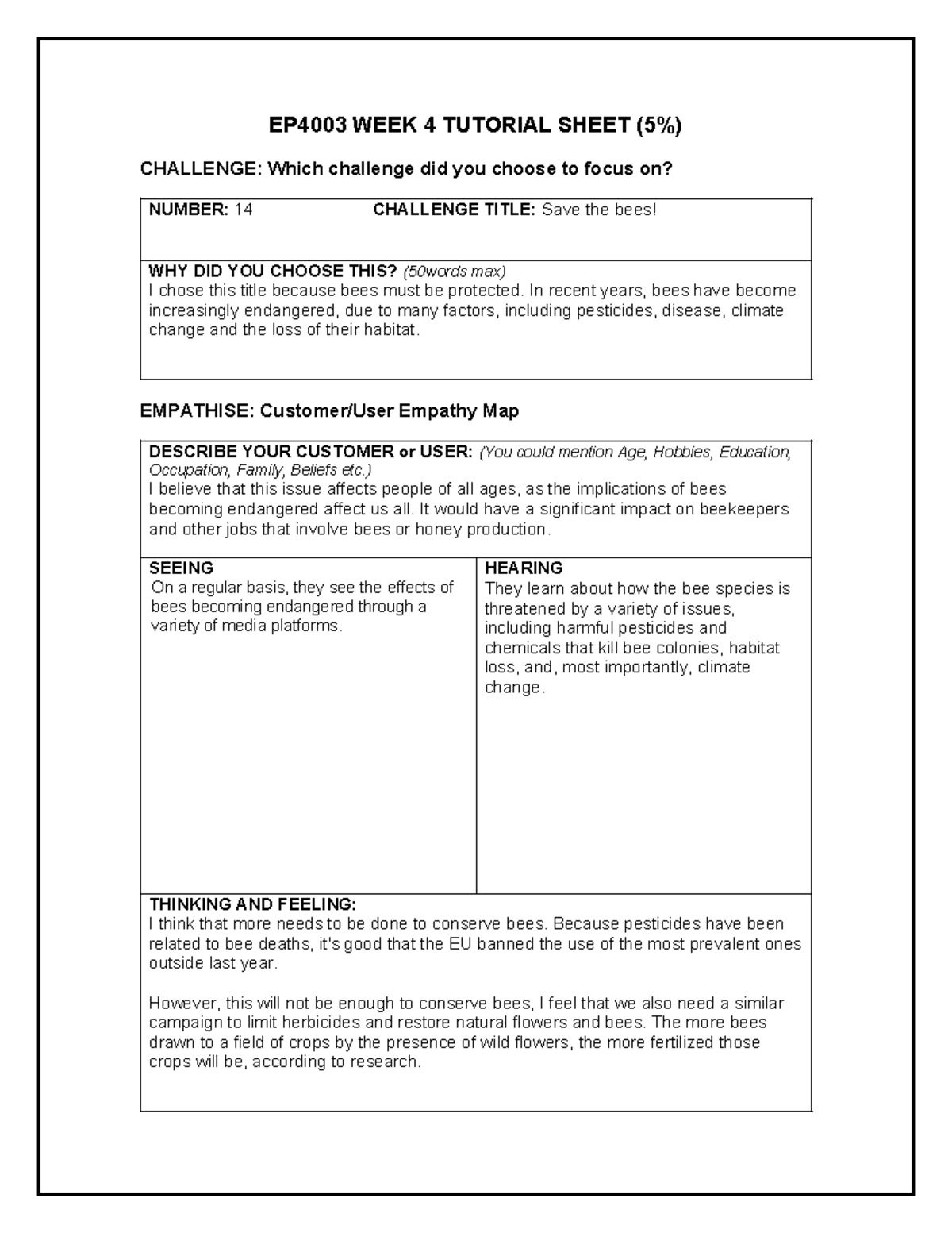 Tutorial Week 4 Worksheet save the bees - EP4003 WEEK 4 TUTORIAL SHEET ...