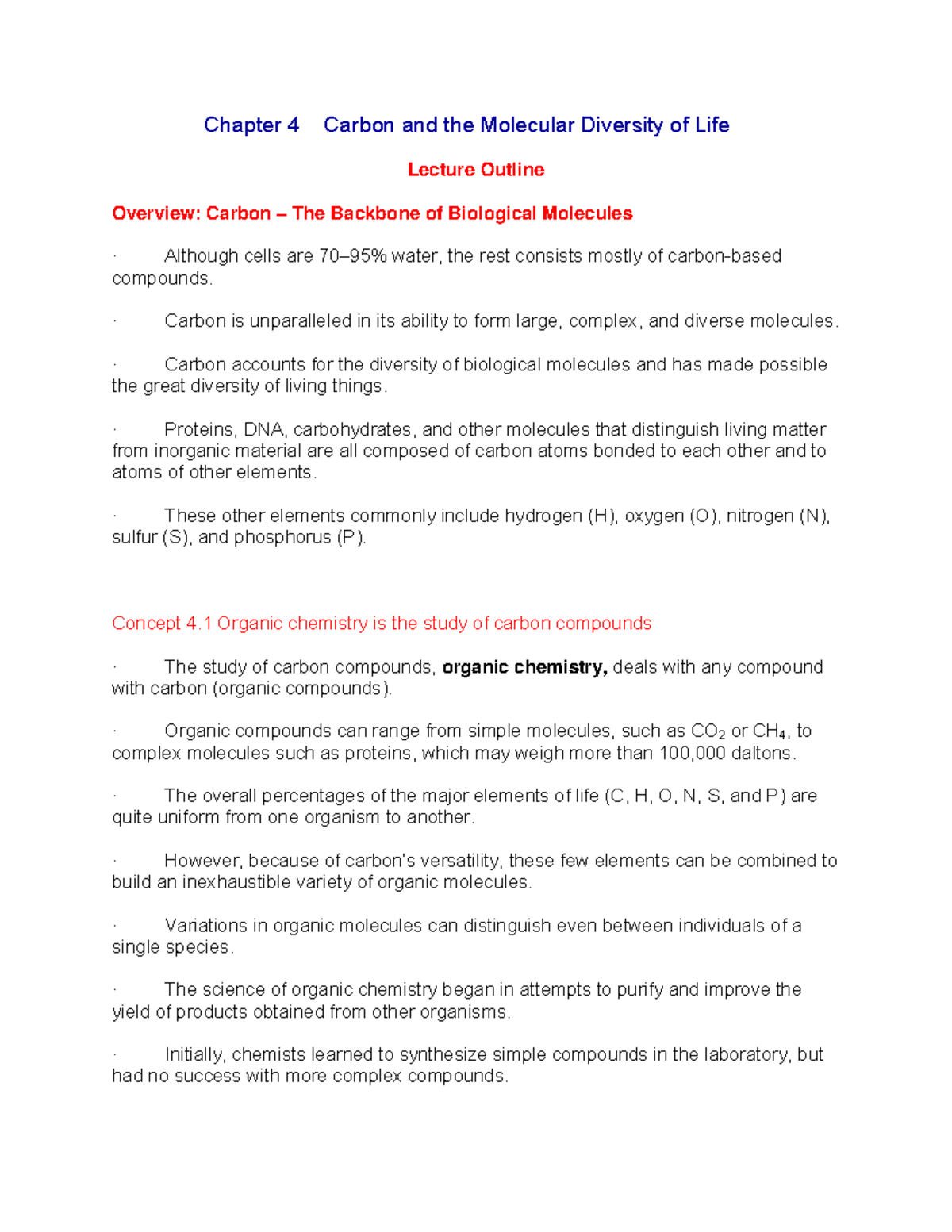 Chapter 2 outline - biology 101 lecture notes - Chapter 4 Carbon and ...