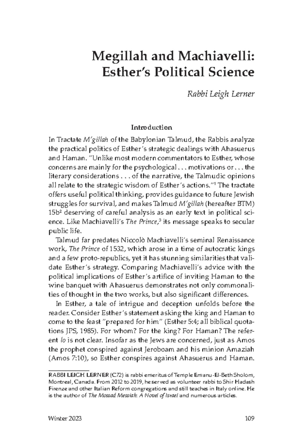 Megillah and Machiavelli Esthers Politic - Winter 2023 109 Megillah and ...