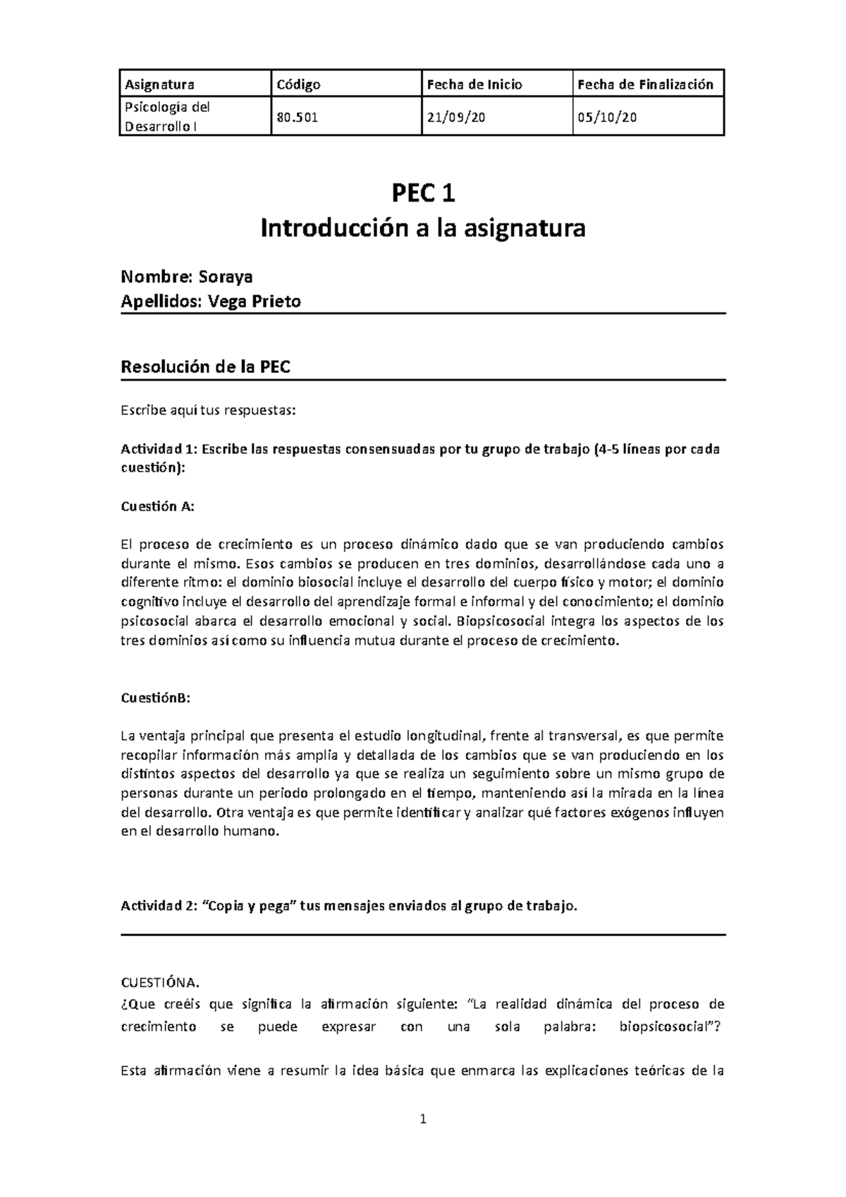PEC 1. Psicología desarrollo I - 80.501 - UOC - StuDocu