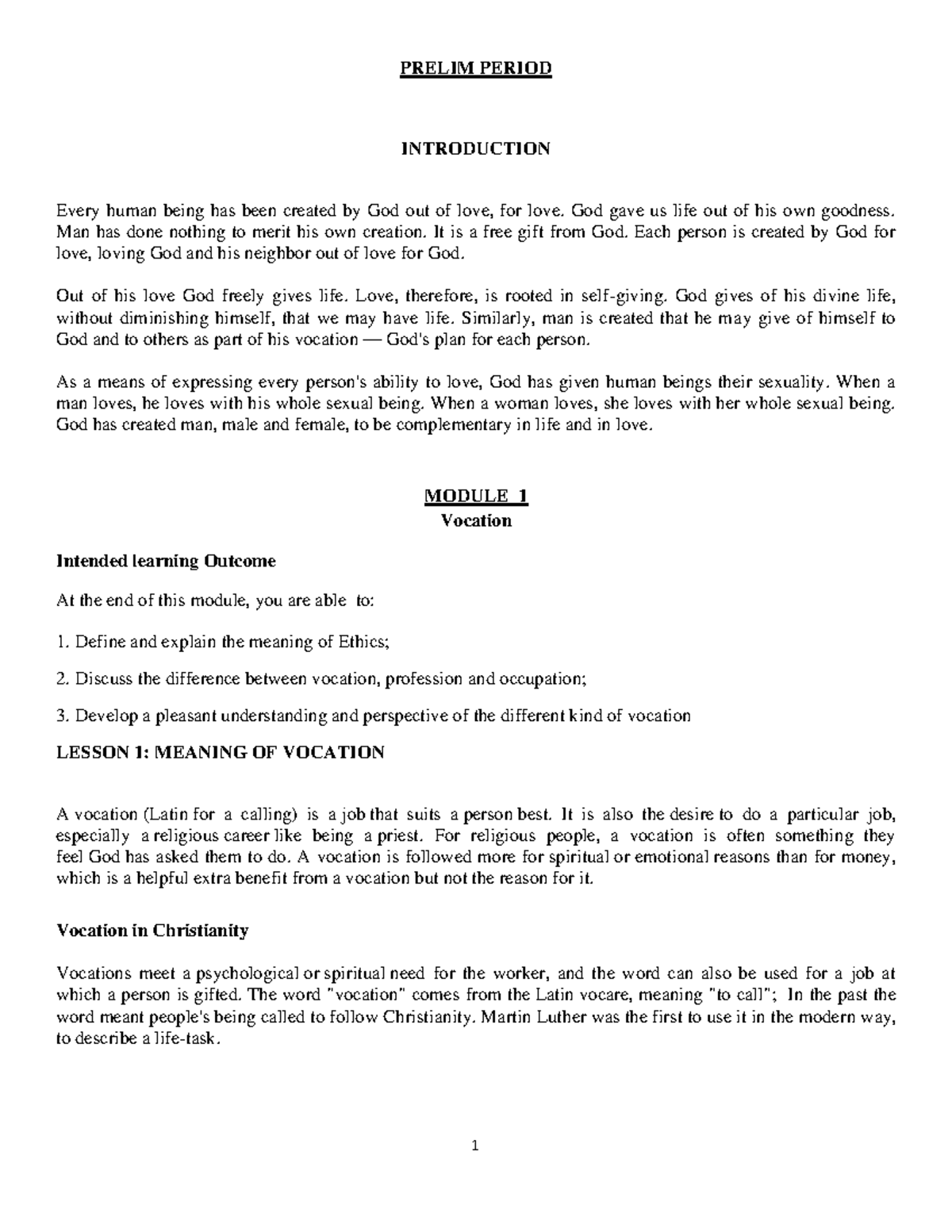 Theo 2 Prelim Module Prelim Period Introduction Every Human Being Has Been Created By God Out
