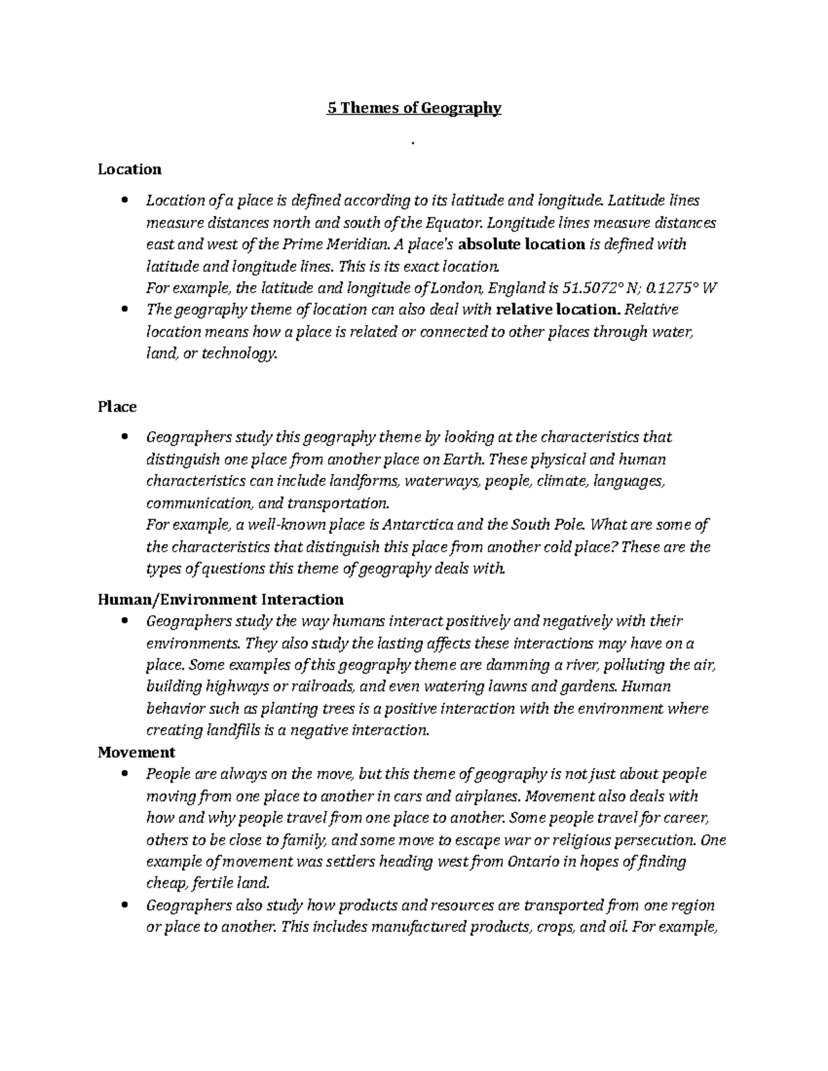 5 themes of geography notes sharp - 5 Themes of Geography . Location ...