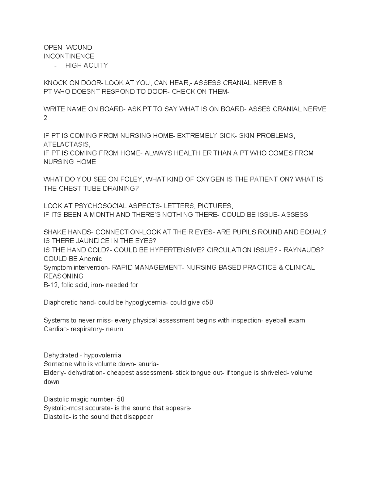 Week 1 n190 - notes for 243 - OPEN WOUND INCONTINENCE - HIGH ACUITY ...