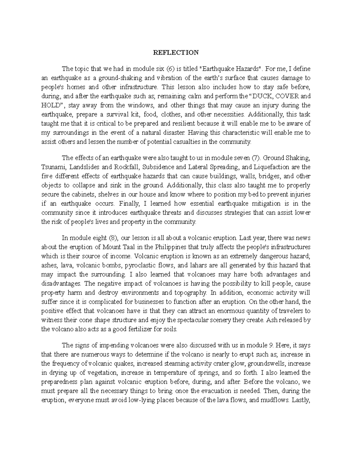 Disaster Risk, Reduction, Management Reflection - REFLECTION The topic ...