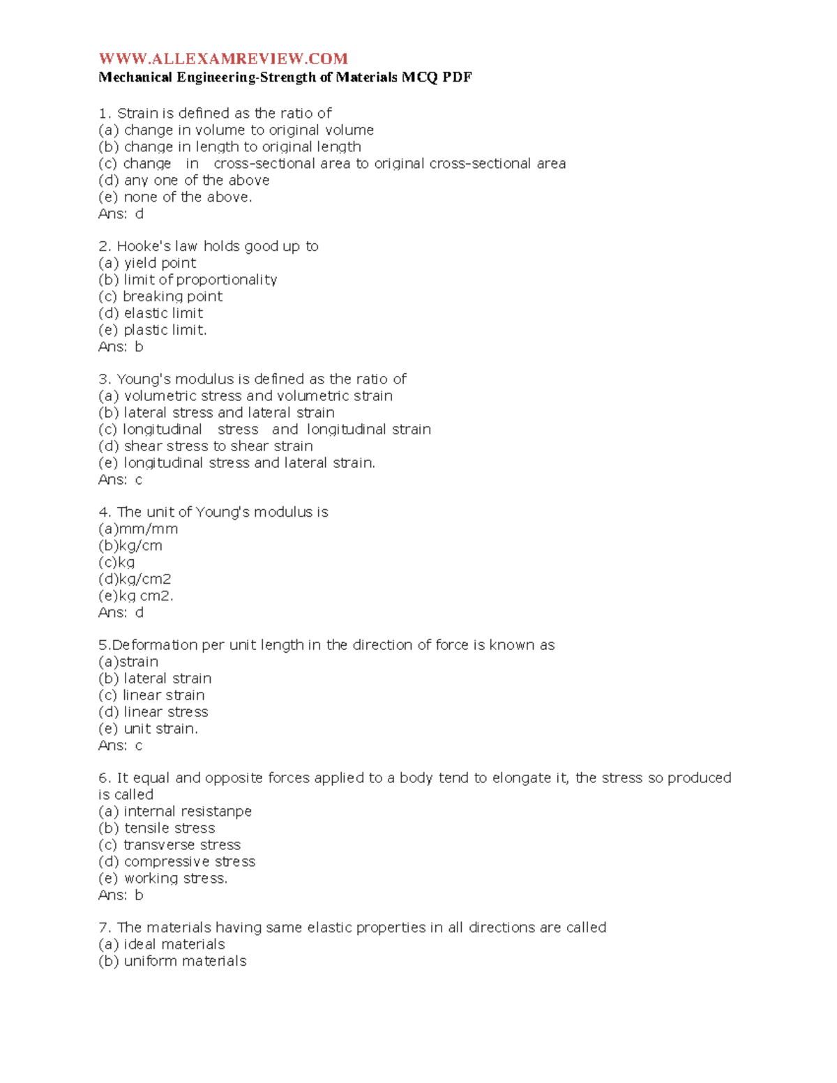 Mechanical Engineering-Strength of Materials MCQ Pdffwww - Strain is ...