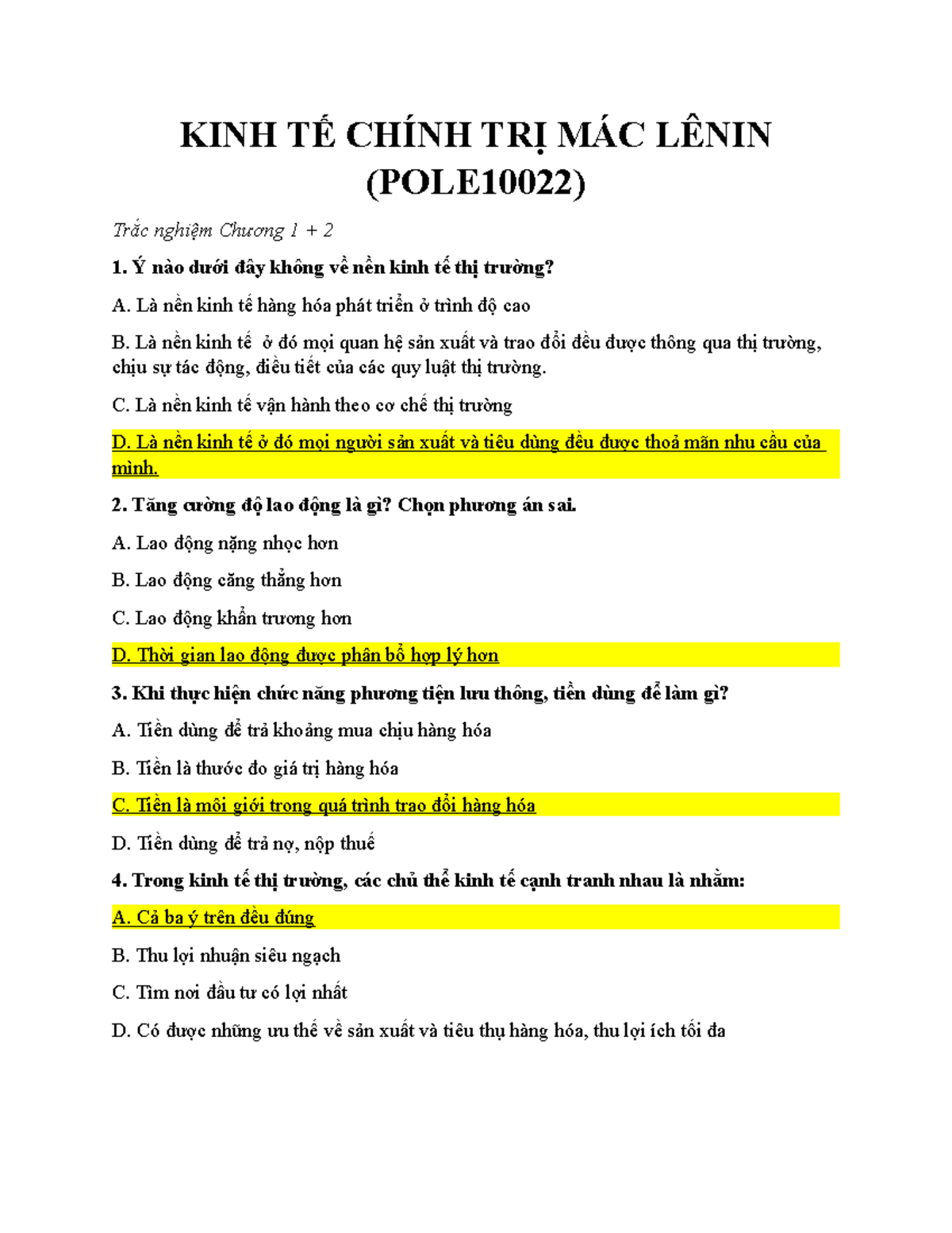 Dap an trac nghiem chuong 1+2 KTCT Mac Le Nin - KINH TẾ CHÍNH TRỊ MÁC LÊNIN (POLE10022) Trắc ...