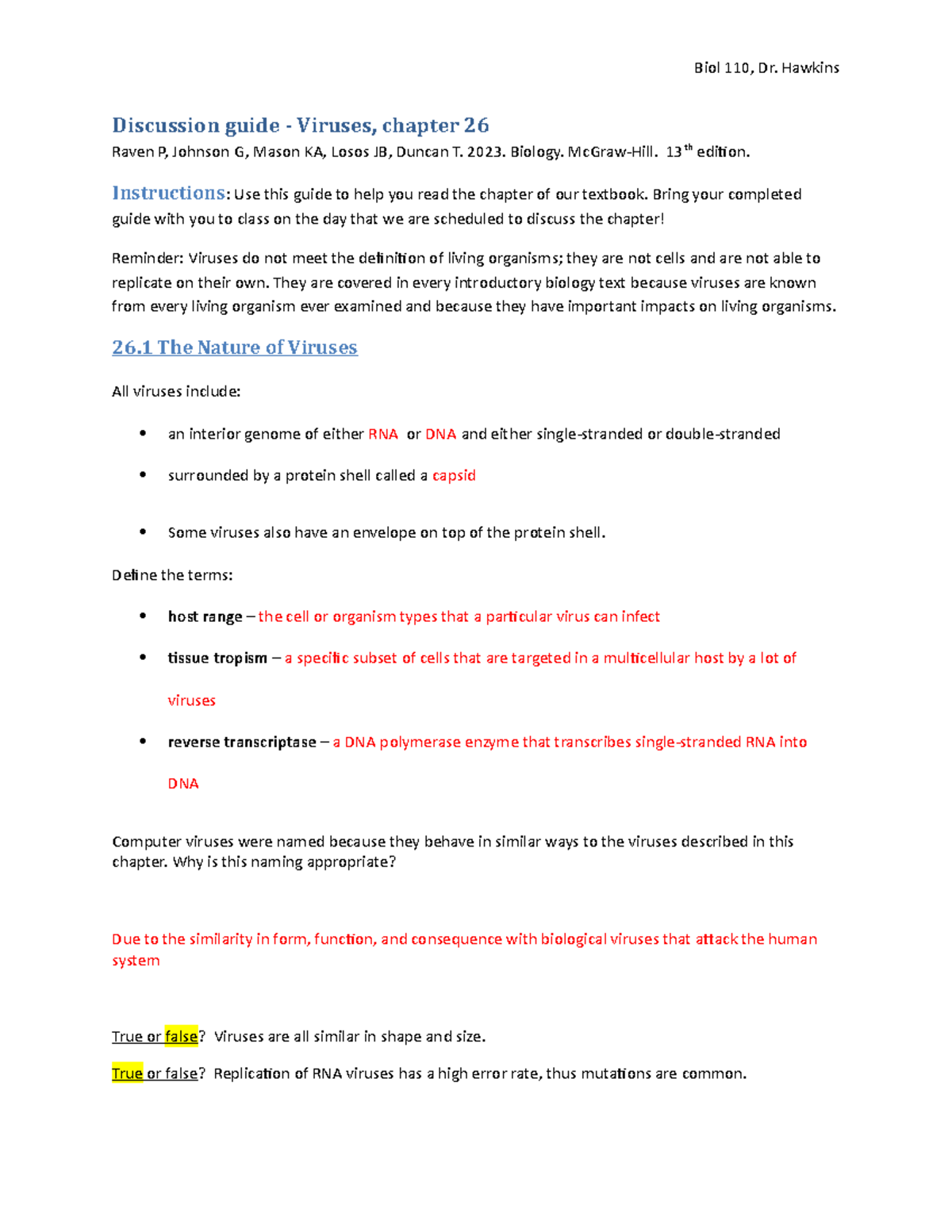 Discuss RJ 13e Ch26 Viruses - Discussion guide - Viruses, chapter 26 Raven P, Johnson G, Mason ...