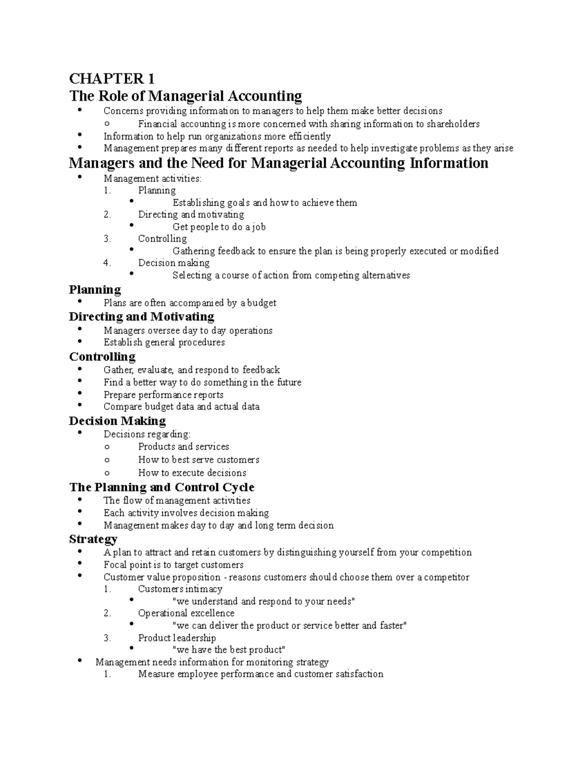 Mid Term Notes - CHAPTER 1 The Role of Managerial Accounting Concerns ...
