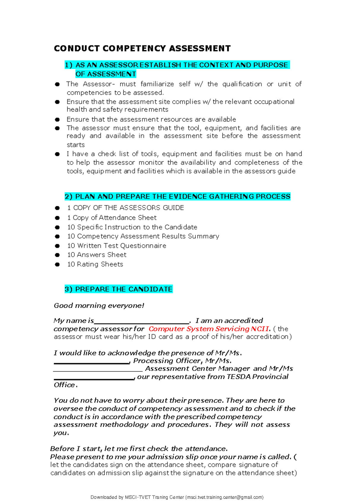 Assessor Script - CONDUCT COMPETENCY ASSESSMENT 1) AS AN ASSESSOR ESTABLISH THE CONTEXT AND ...