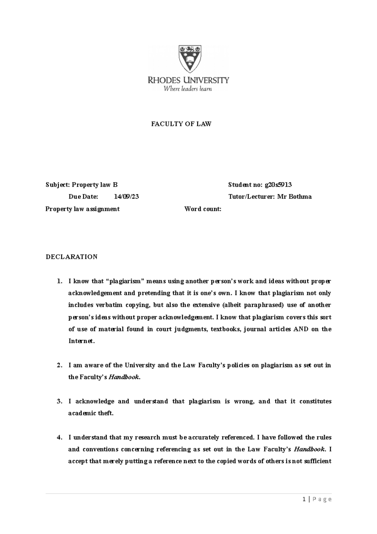 Property law assignment - FACULTY OF LAW Subject: Property law B ...