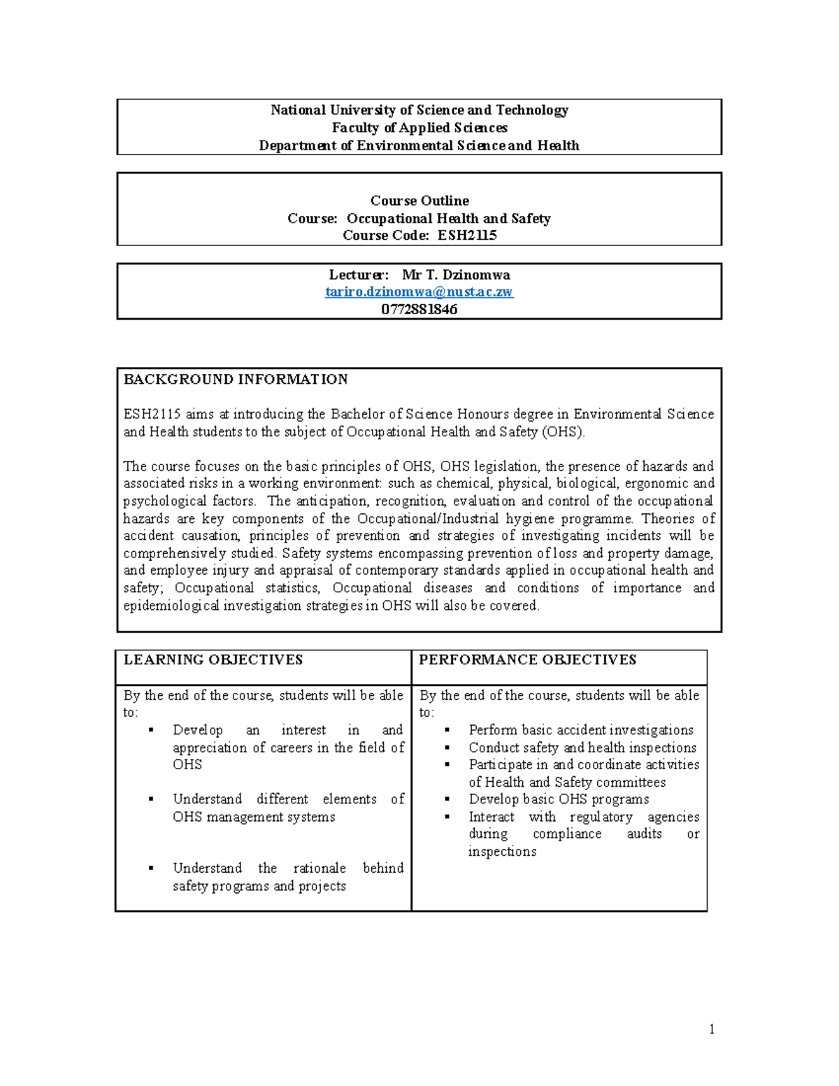 ESH2115 ohs 2021 - nust - National University of Science and Technology ...