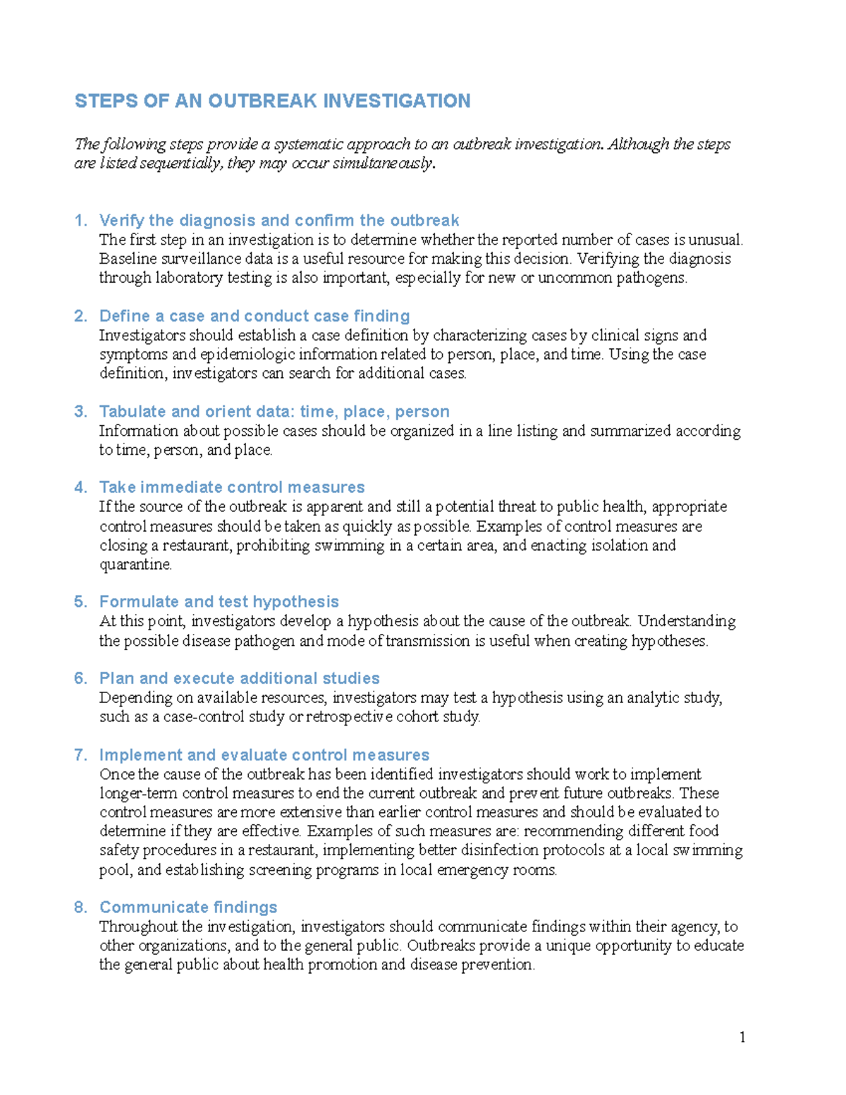 Epidemiology survey in outbreaks and survey-steps - STEPS OF AN ...