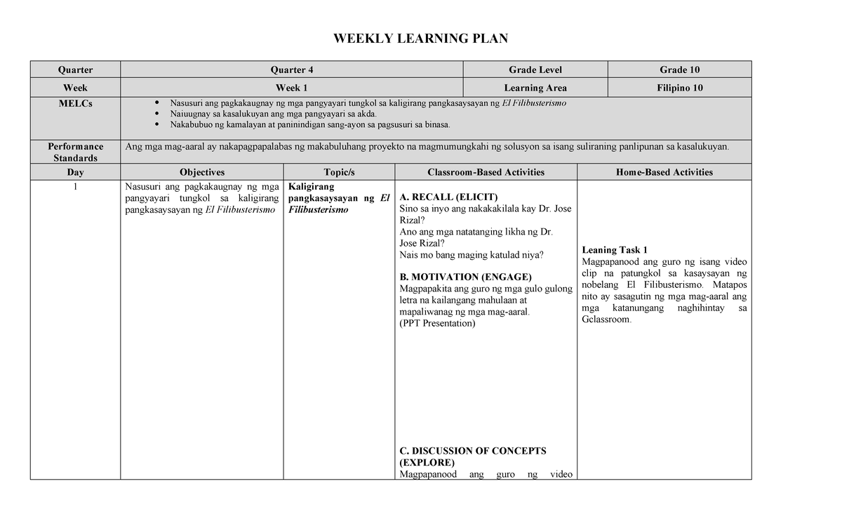 WLP Kwarter 4 - FIL 10 - WEEKLY LEARNING PLAN Quarter Quarter 4 Grade Level Grade 10 Week Week 1 ...