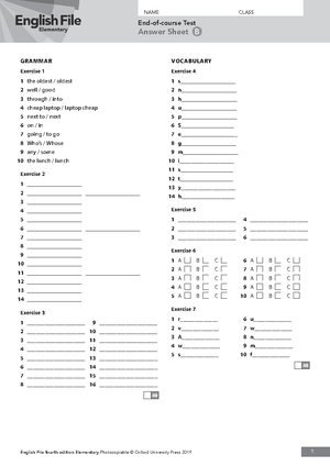 EF4e Elem End of course test A answer sheet - English File fourth ...