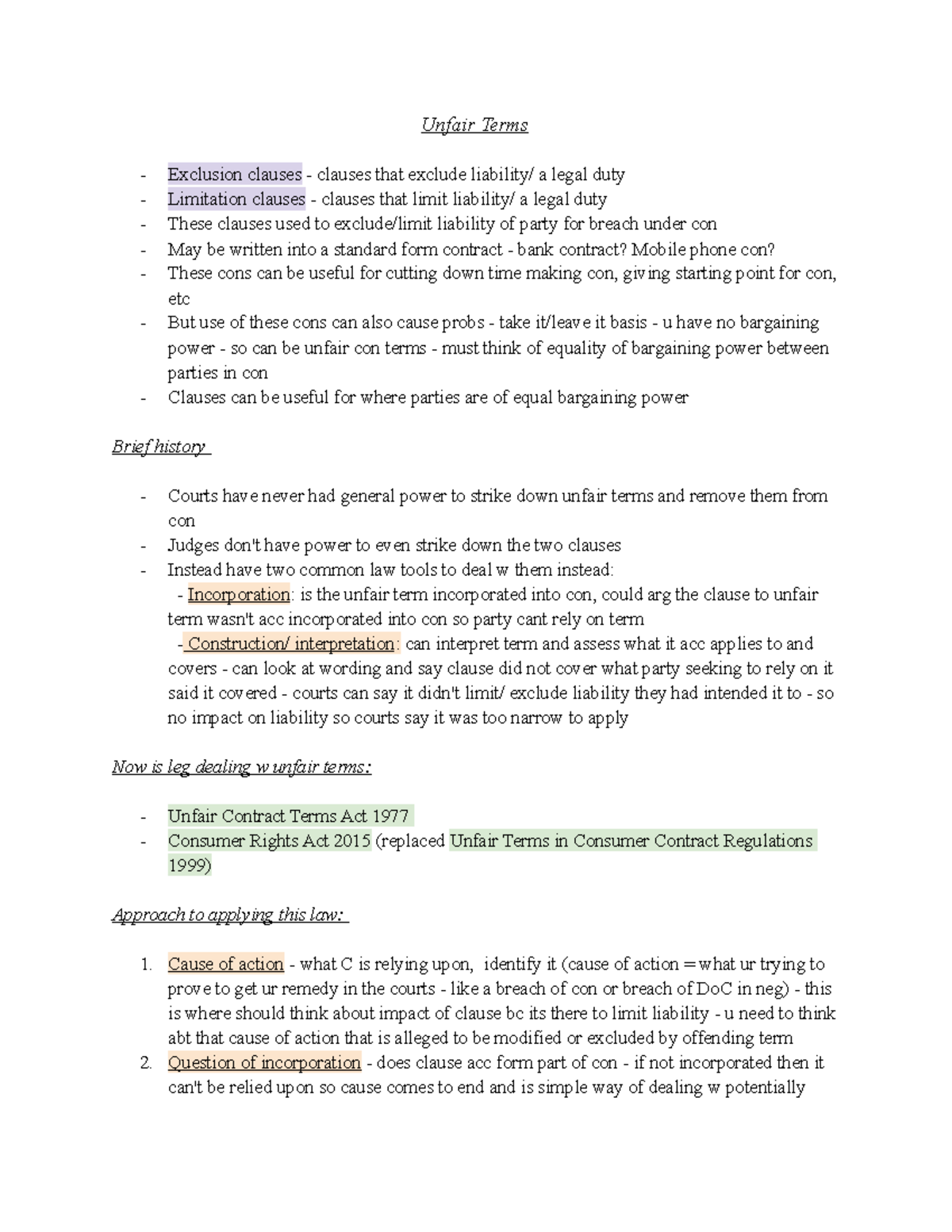 Contract LC5 Unfair terms - Unfair Terms Exclusion clauses - clauses ...
