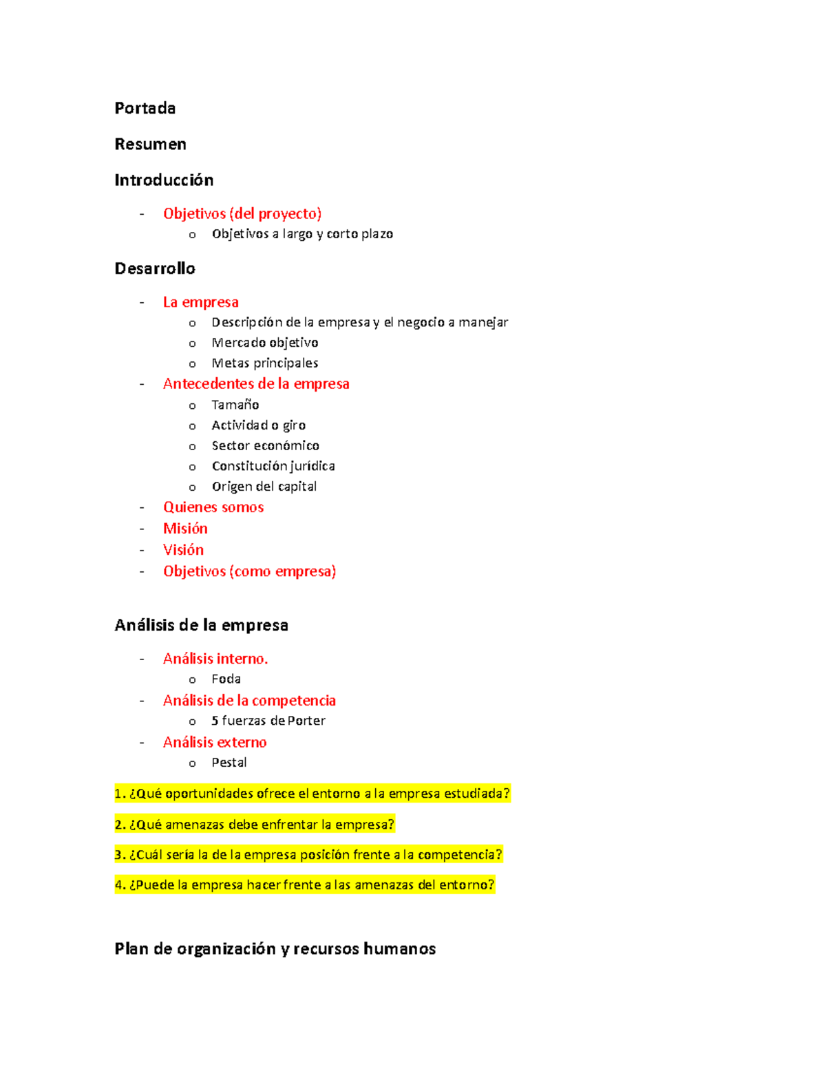 Tabla de contenidos para un informe - Portada Resumen Introducción ...