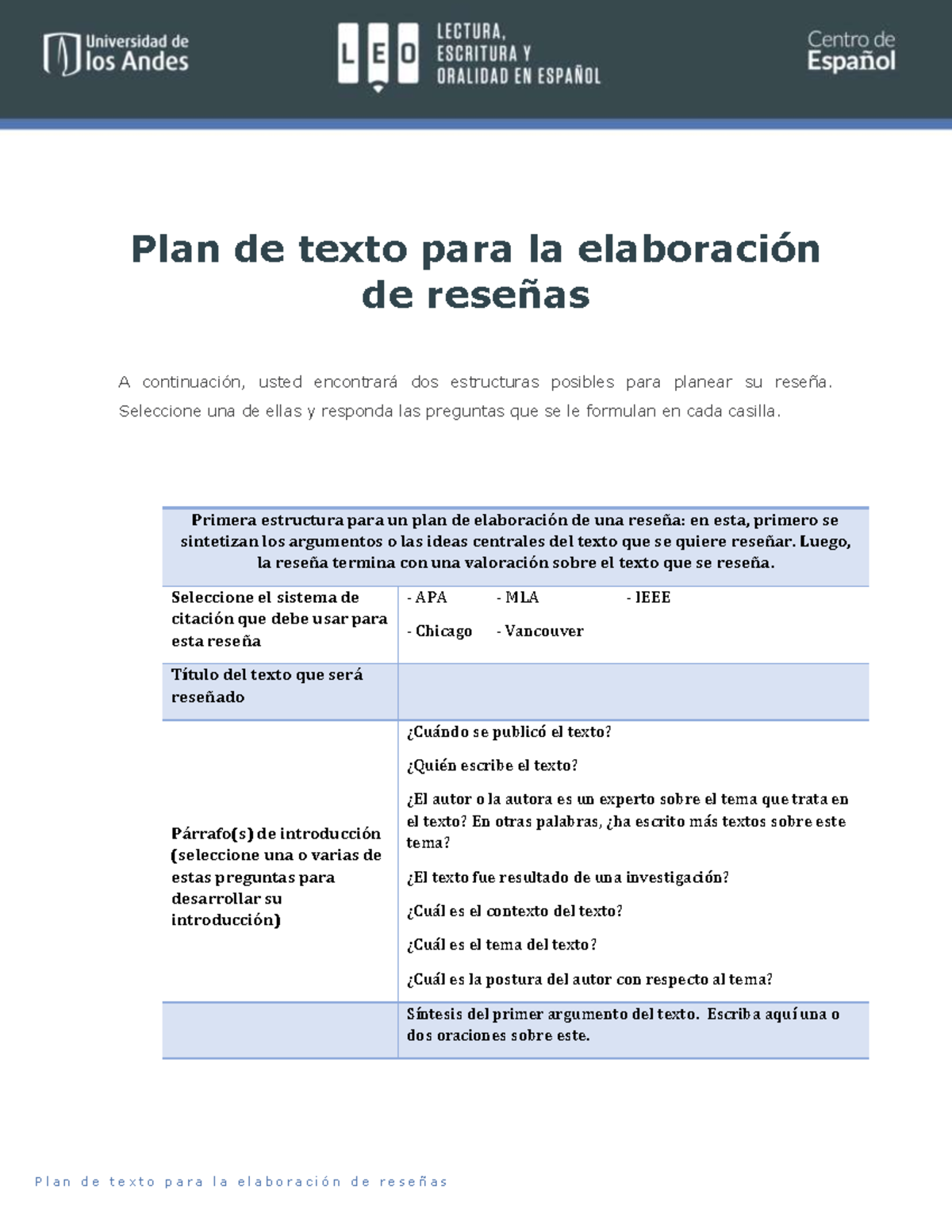 Plan de texto para la elaboracin de reseas - Plan de texto para la ...