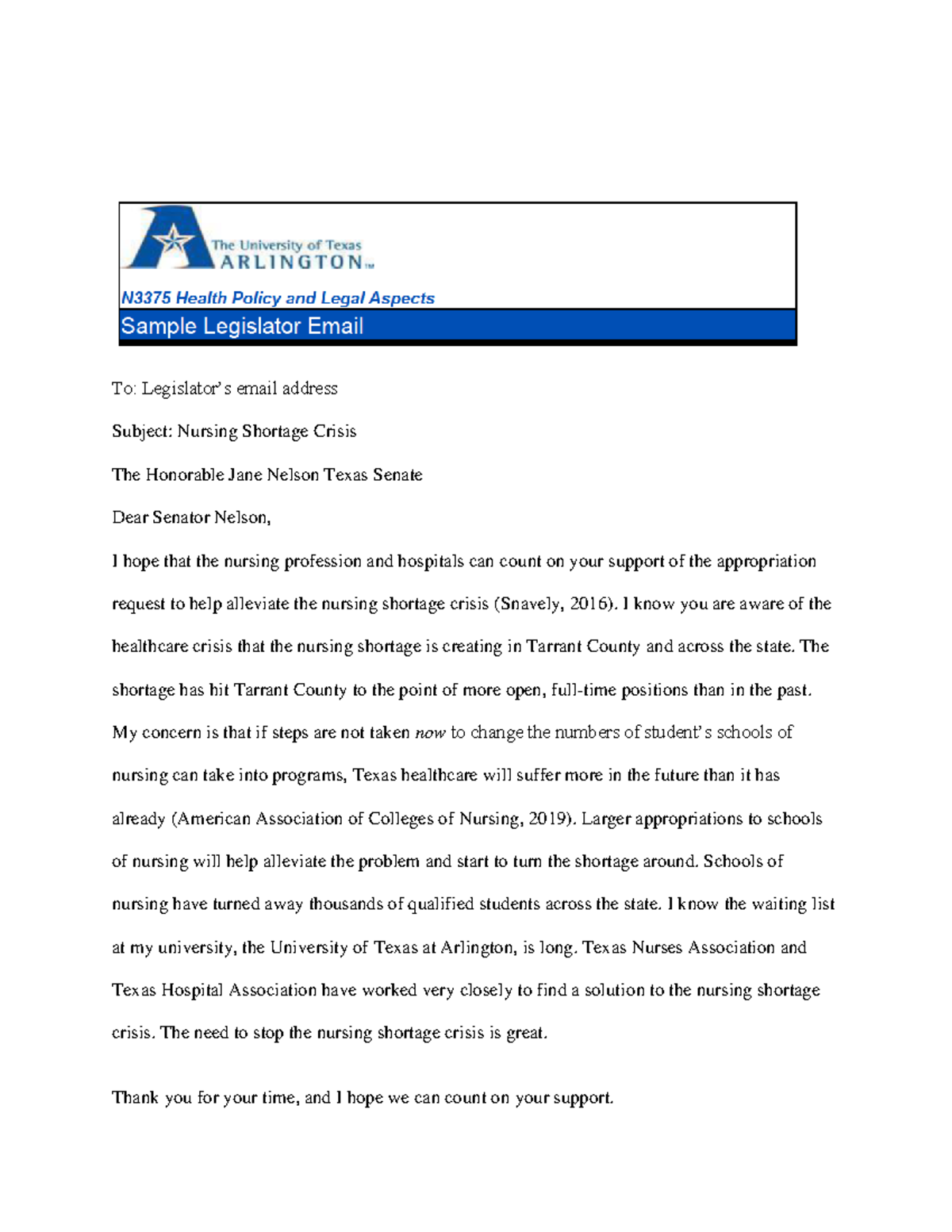 3375 Sample Email - To: Legislator’s email address Subject: Nursing ...