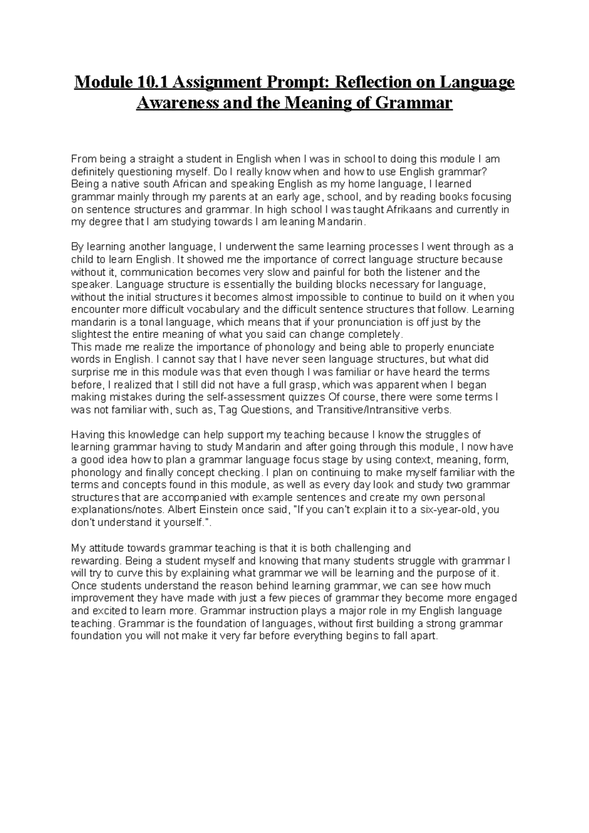 Module 10 Grammer - ENG - Module 10 Assignment Prompt: Reflection on Language Awareness and the ...