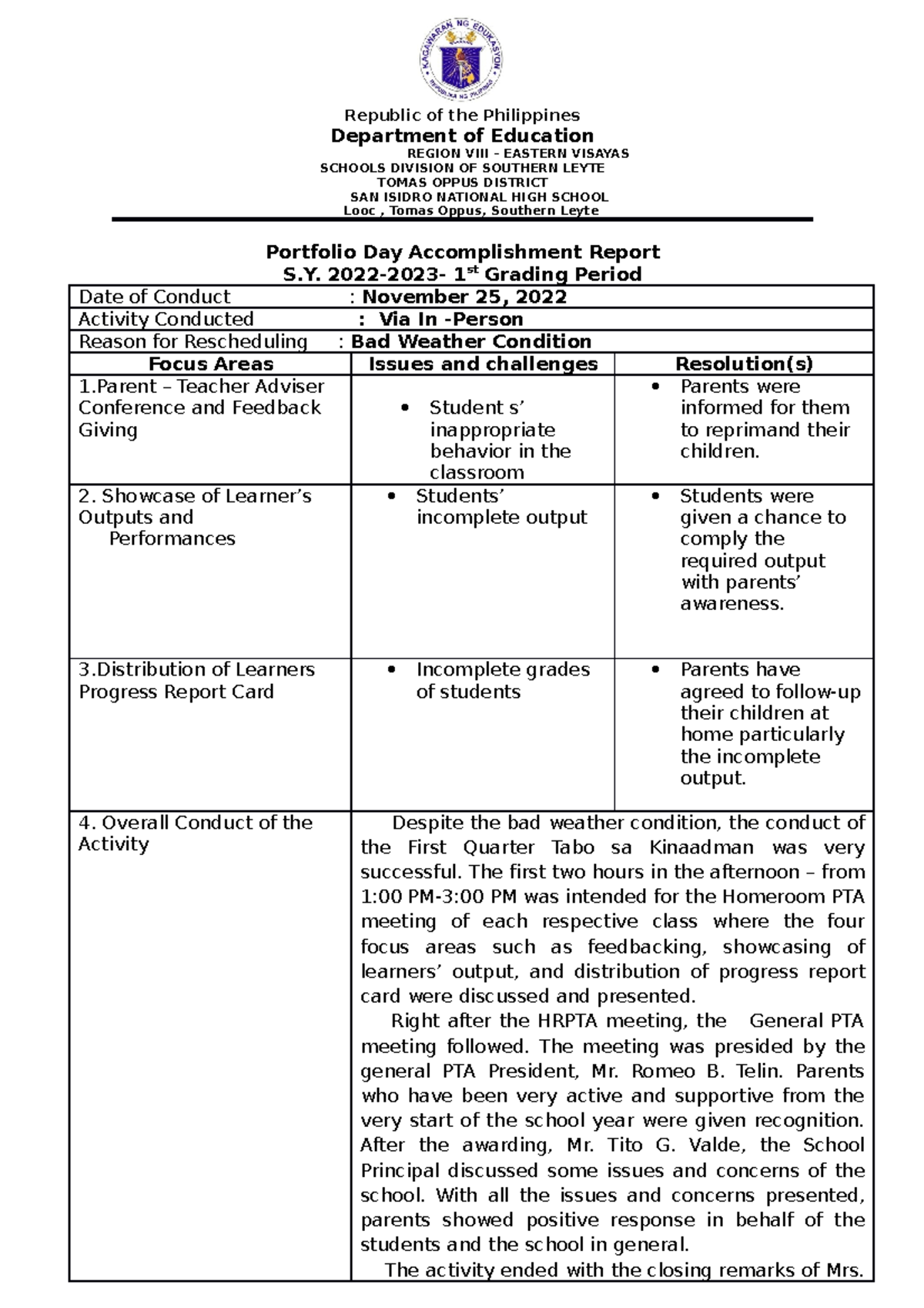 1ST grading Portfolio Day Accomplishment 2021 Report - Copy - Republic of the Philippines ...
