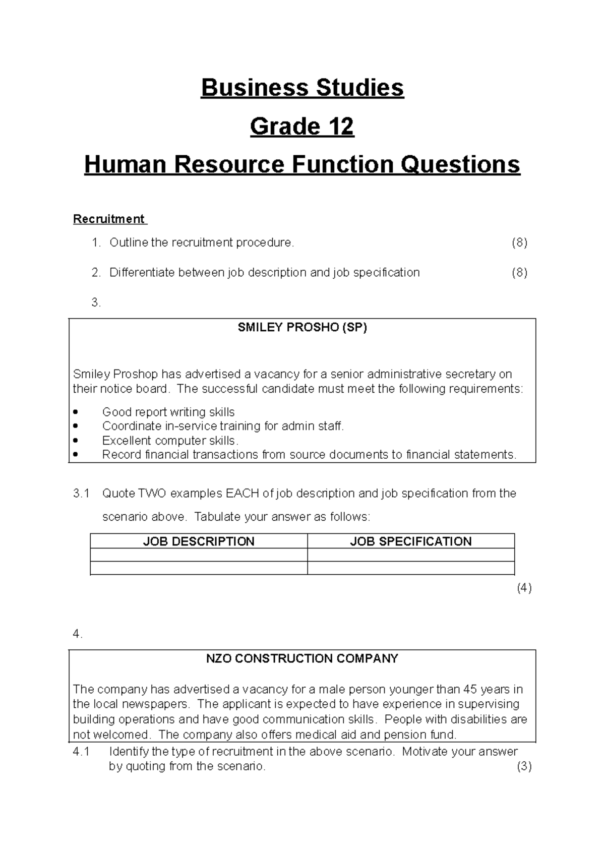 HR function notes - Business Studies Grade 12 Human Resource Function ...