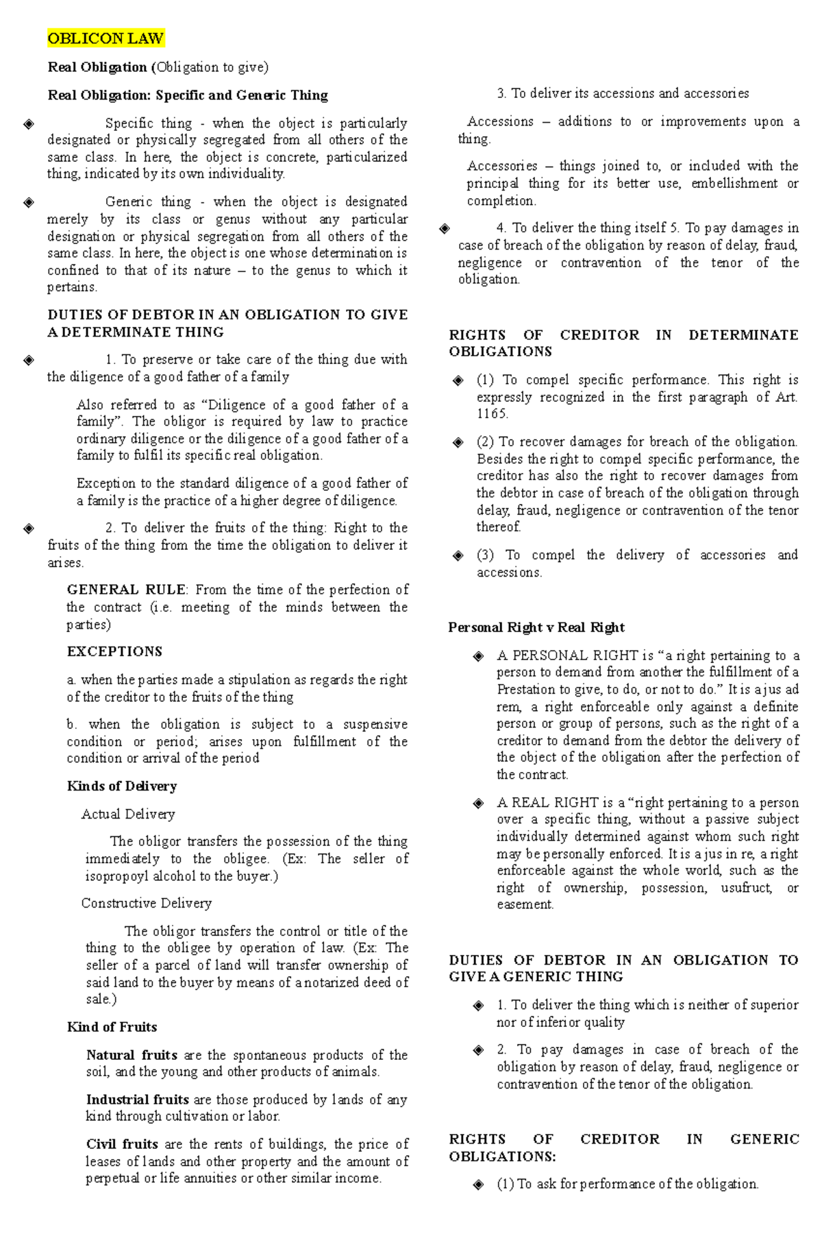 Obligation and contracts LAW DOCU (WEEK 1-2) - OBLICON LAW Real ...
