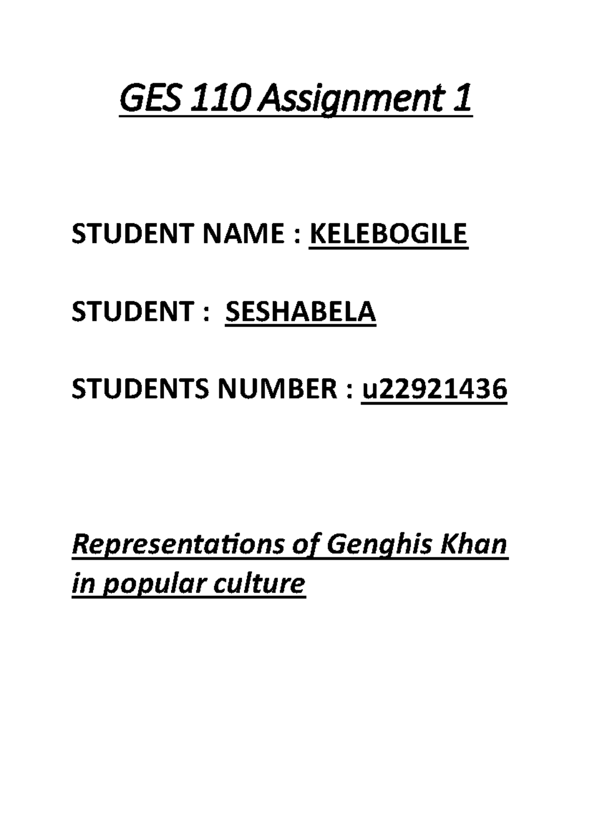 GES 110 Assignment 1 - GES 110 - GES 110 Assignment 1 STUDENT NAME : KELEBOGILE STUDENT ...