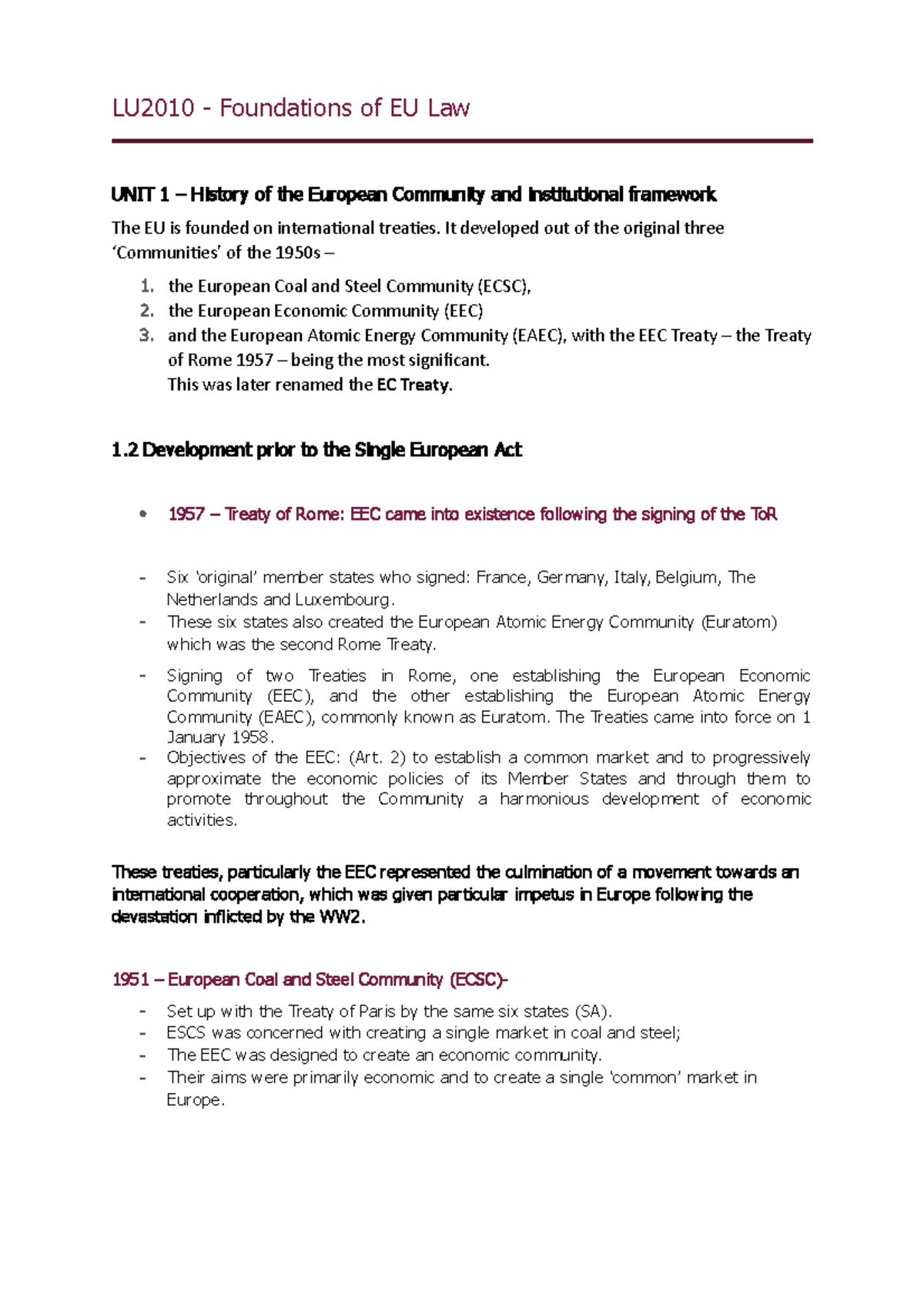LU2010 Foundations of EU Law - LU2010 - Foundations of EU Law UNIT 1 ...