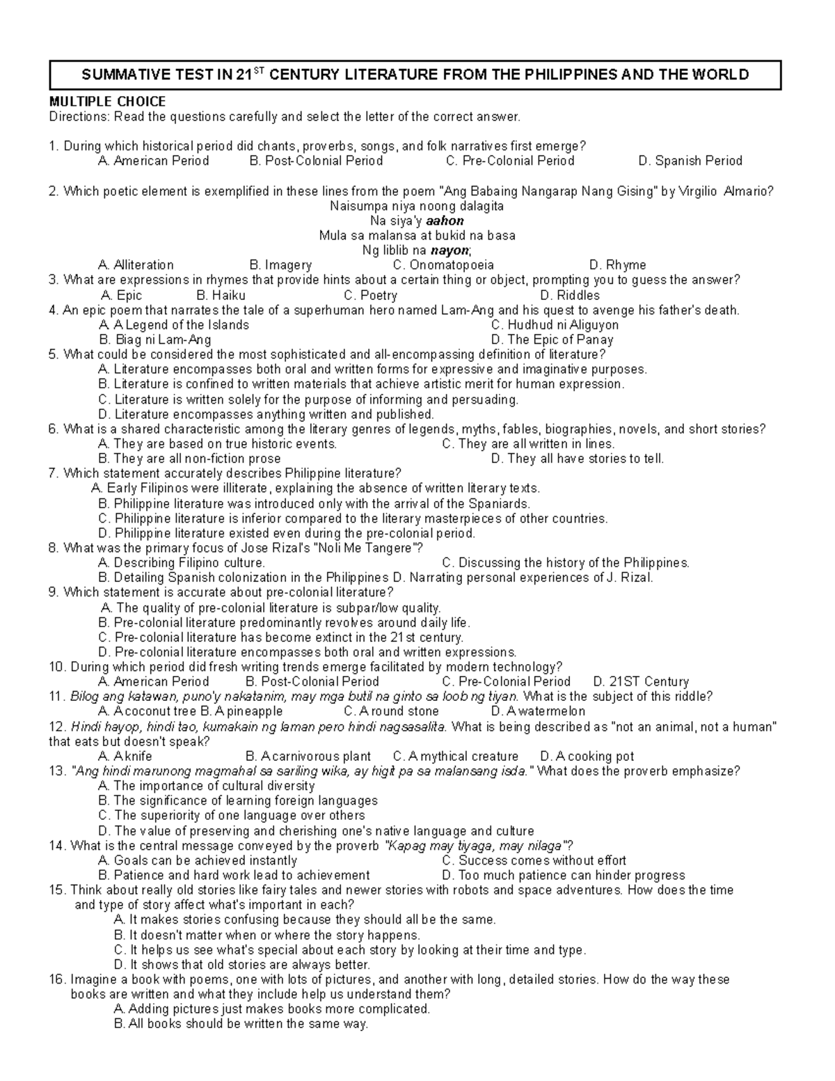 Summative-21ST - compliance - MULTIPLE CHOICE Directions: Read the questions carefully and ...