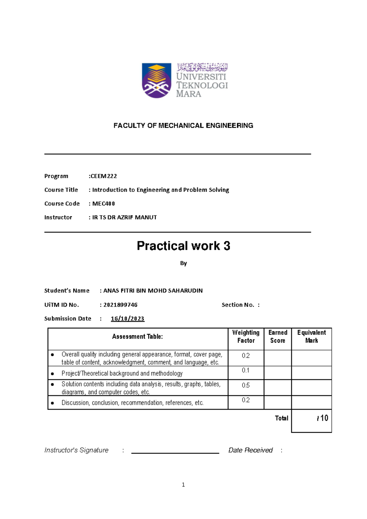 2021899746 LAB Report 3 MEC400 - FACULTY OF MECHANICAL ENGINEERING Program :CEEM Course Title ...