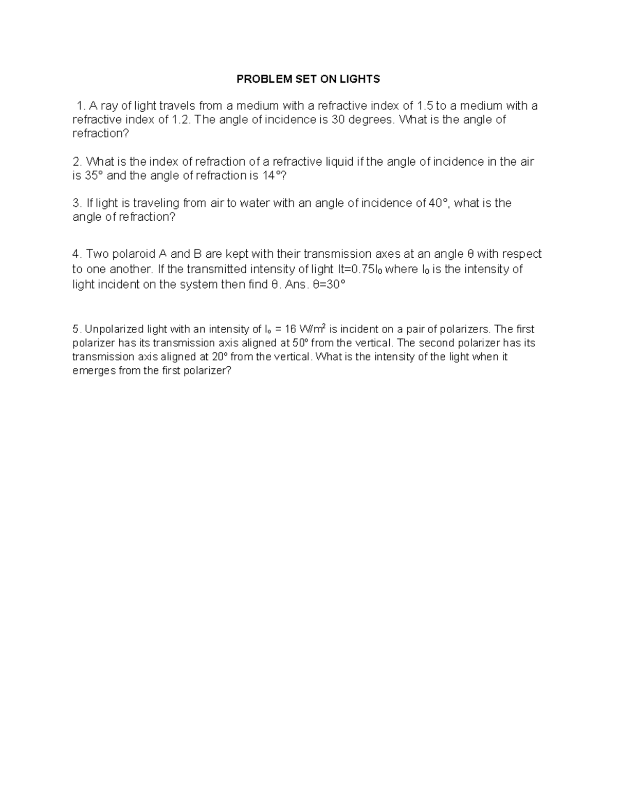 Lights-Problem questions - PROBLEM SET ON LIGHTS 1. A ray of light ...