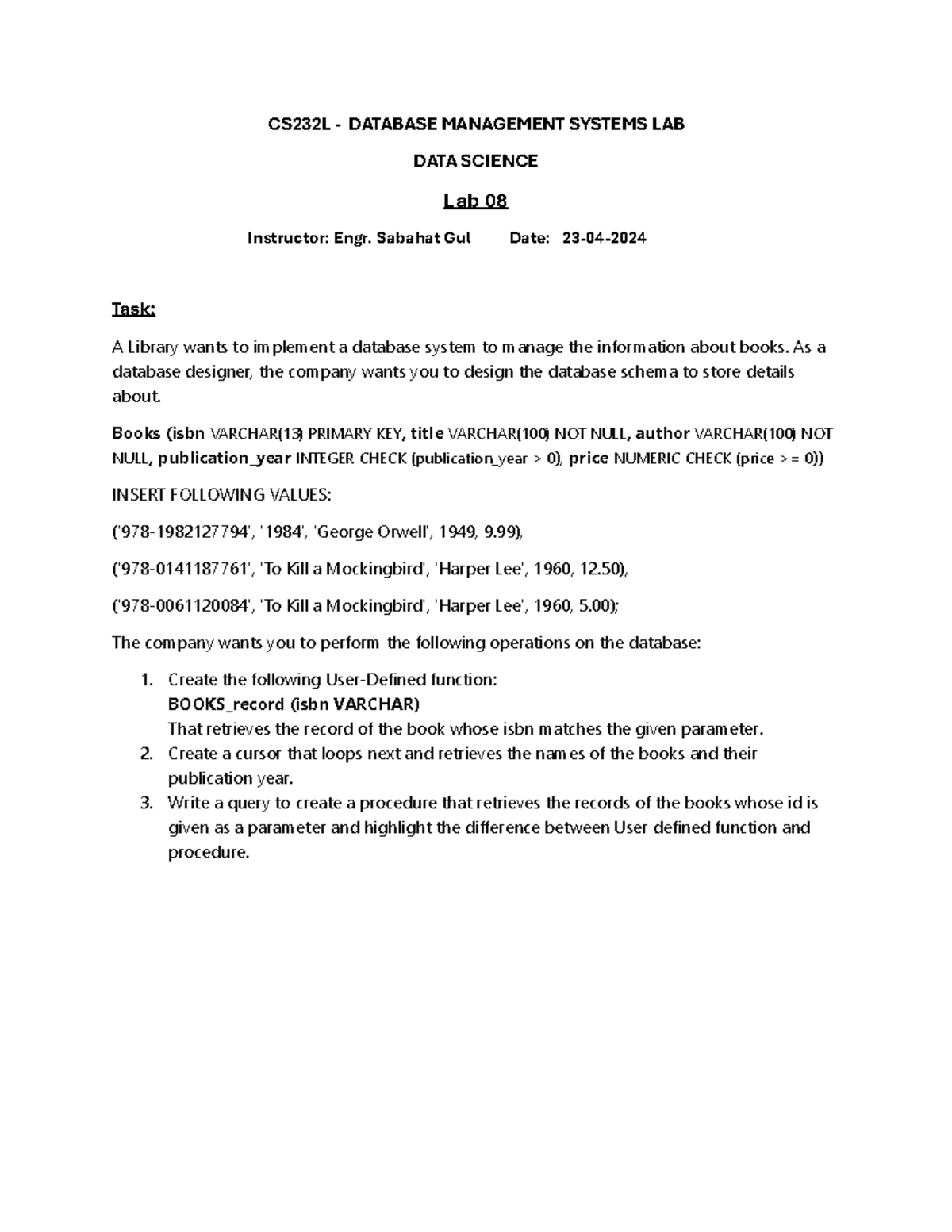 CS232L(DS)-Lab8 tasks - CS 232 L - DATABASE MANAGEMENT SYSTEMS LAB DATA SCIENCE Lab 0 8 ...