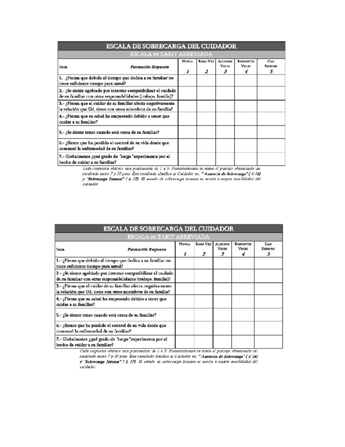 Escala sobrecarga al cuidador abrevida - Zarit - ESCALA DE SOBRECARGA ...