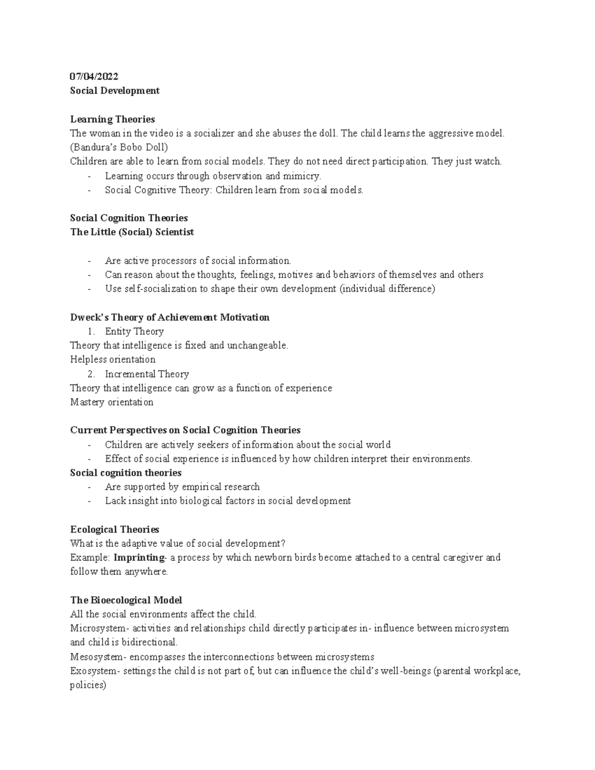 Exam 3 topics - 07/04/ Social Development Learning Theories The woman ...