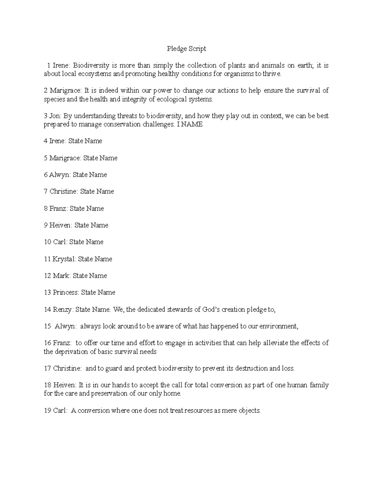 Pledge on Science, Technology, and Society Activity - Pledge Script 1 ...